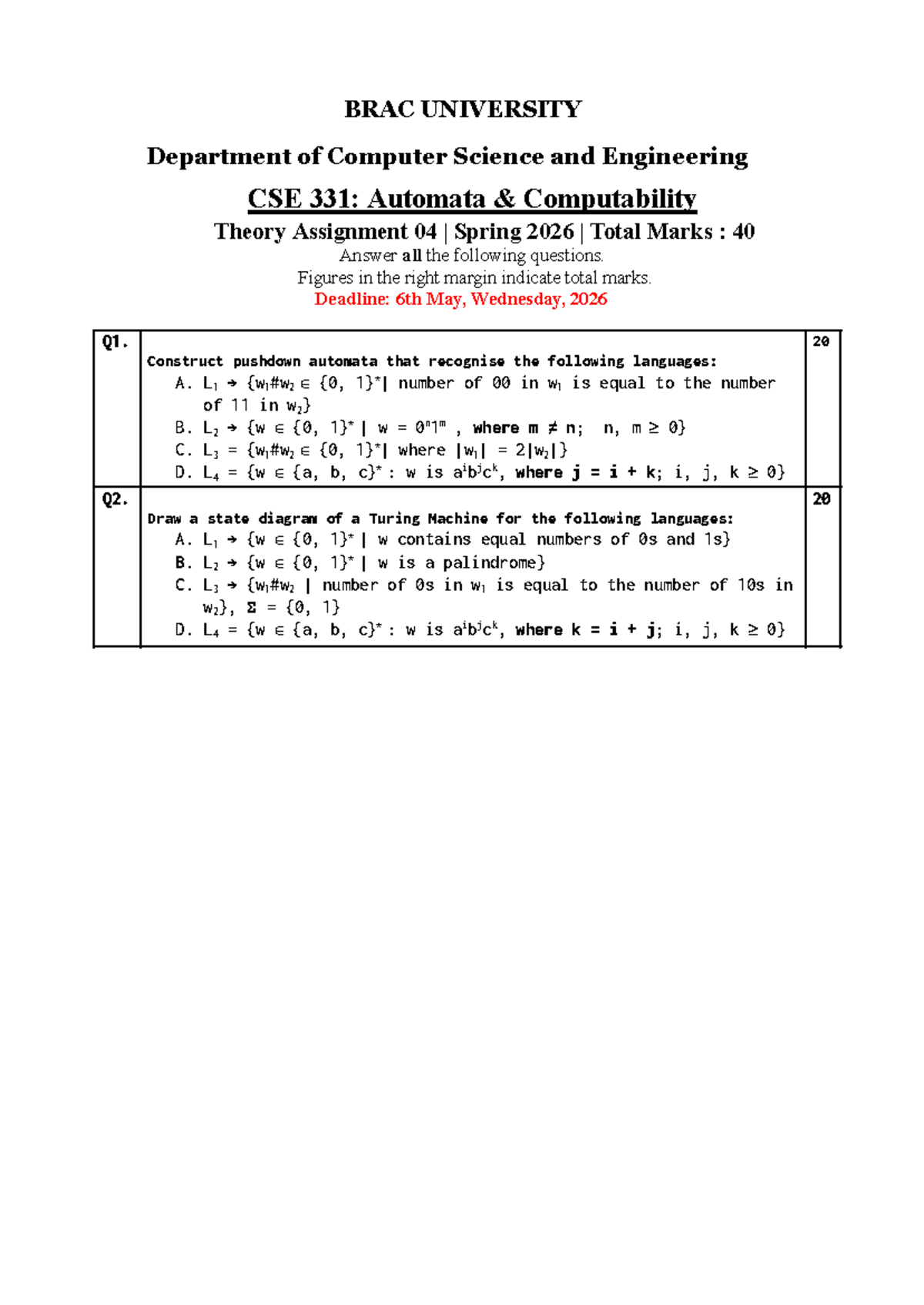 CSE 331: Automata & Computability Theory Assignment 04 - Spring 2026 ...