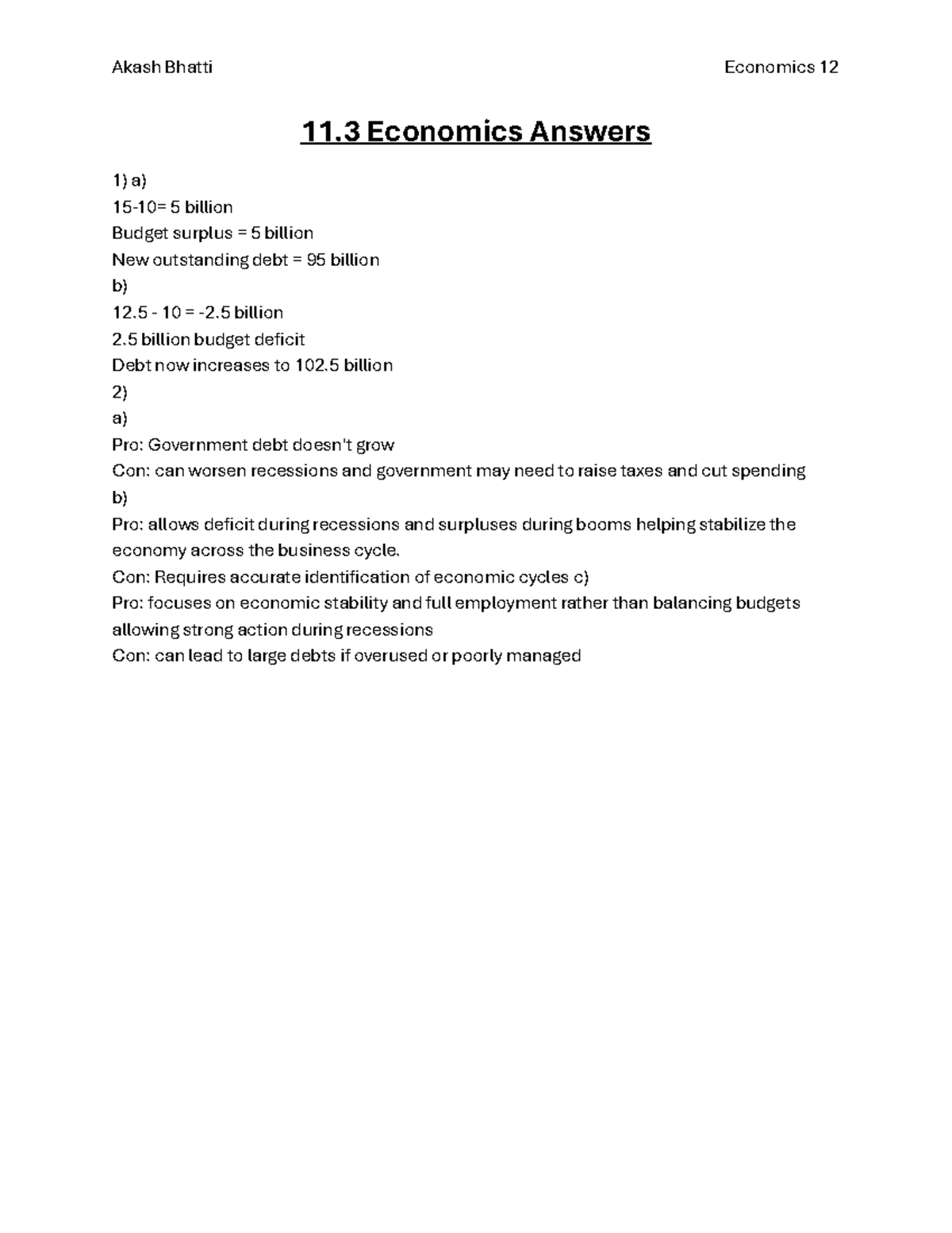 Economics 12: 11.3 Answers on Budget Surplus and Debt - Studocu