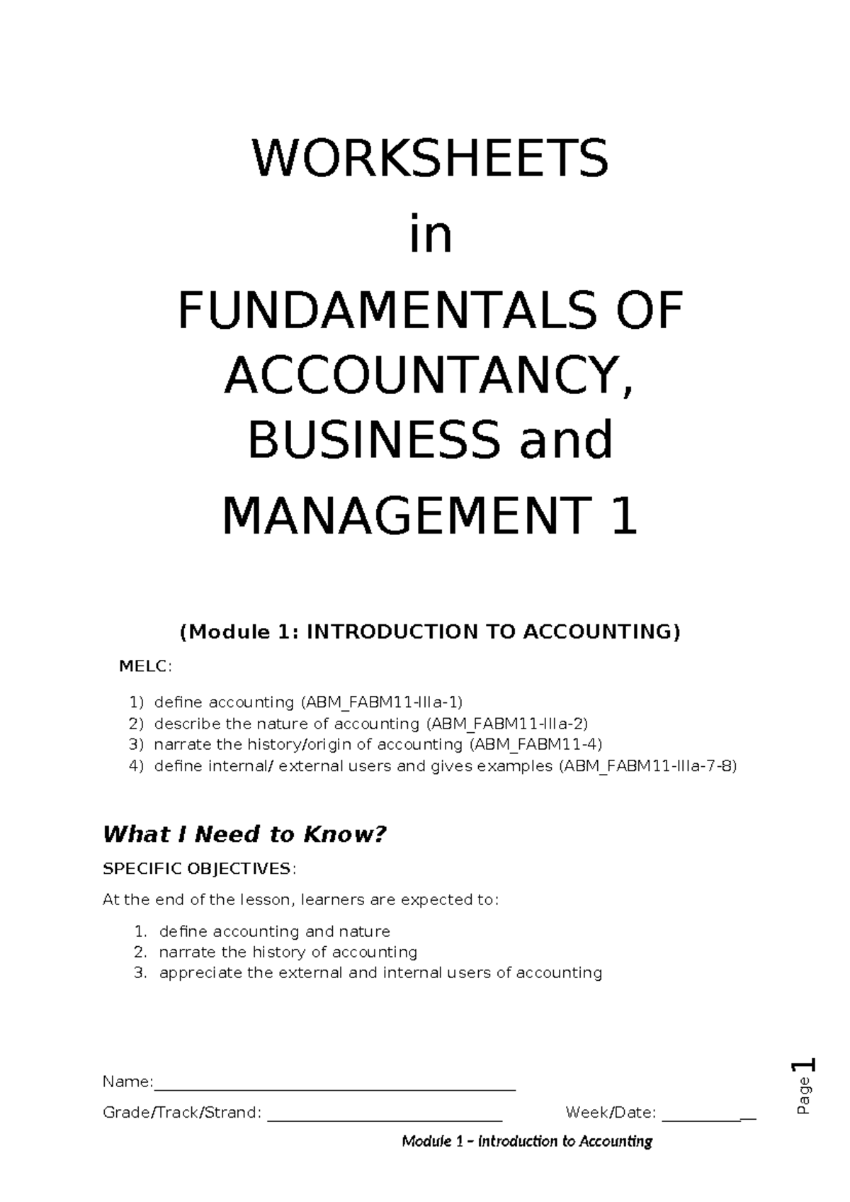 WORKSHEETS for FUNDAMENTALS OF ACCOUNTANCY, BUSINESS and MANAGEMENT 1 ...