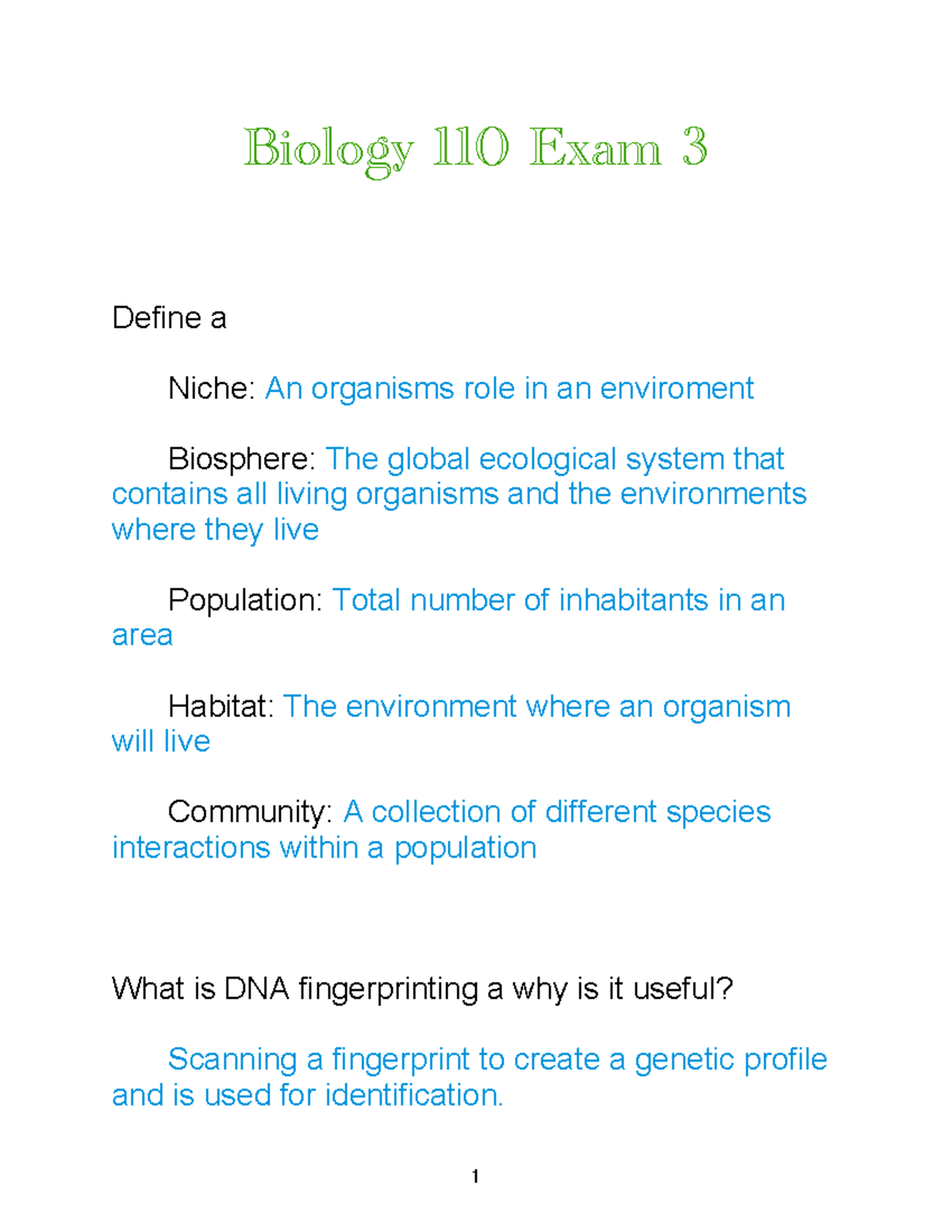 Biology 110 - Final Exam Study Guide: Key Concepts for Exam 3 - Studocu