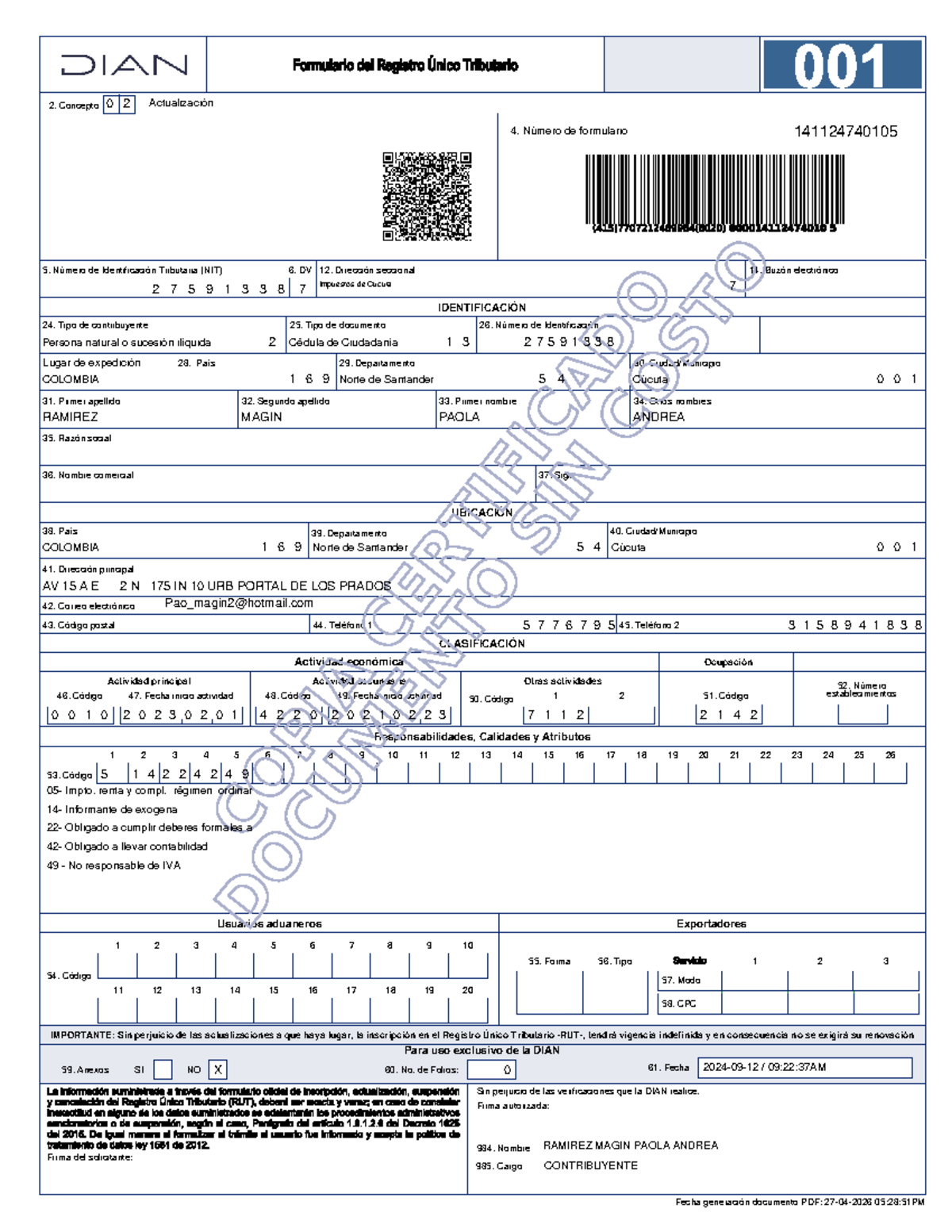 RUT Paola - Ejemplo de Documento RUT para Ingenieros 141124740105 - Studocu