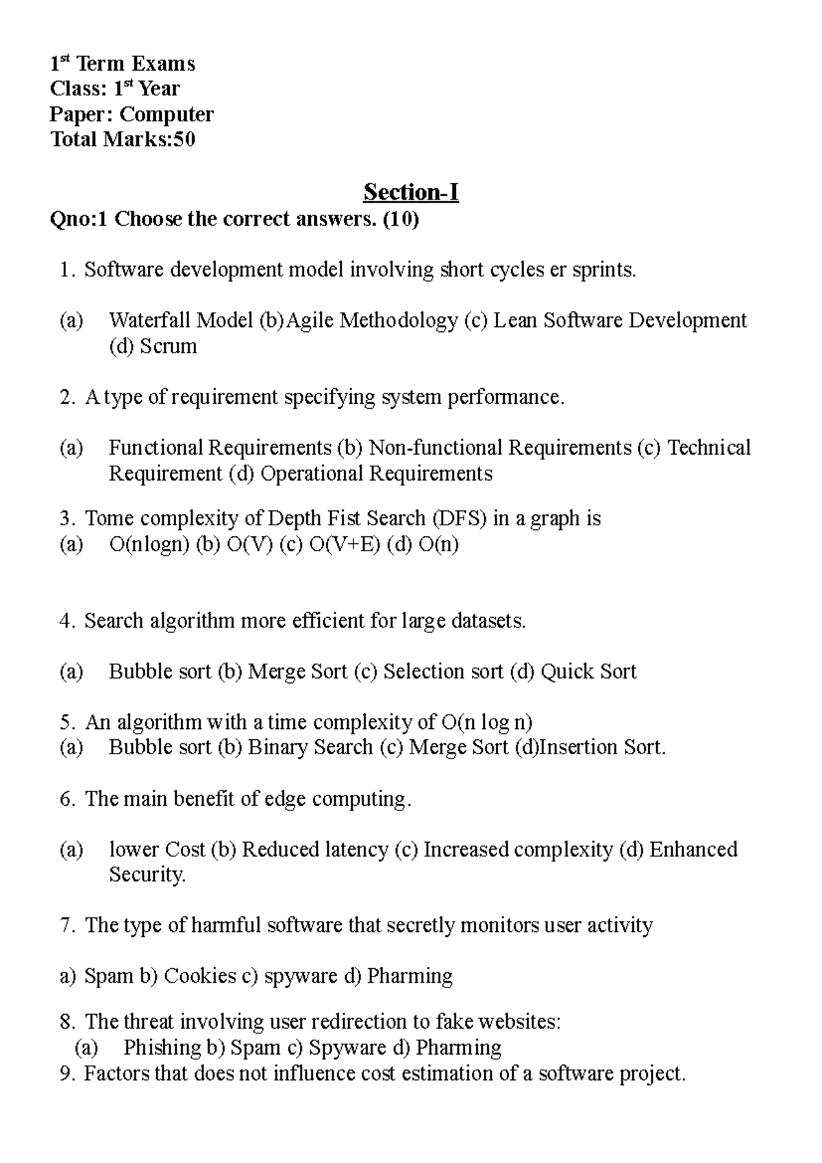 1st Term Exam - Computer Science 1st Year - Exam Sheet - Studocu