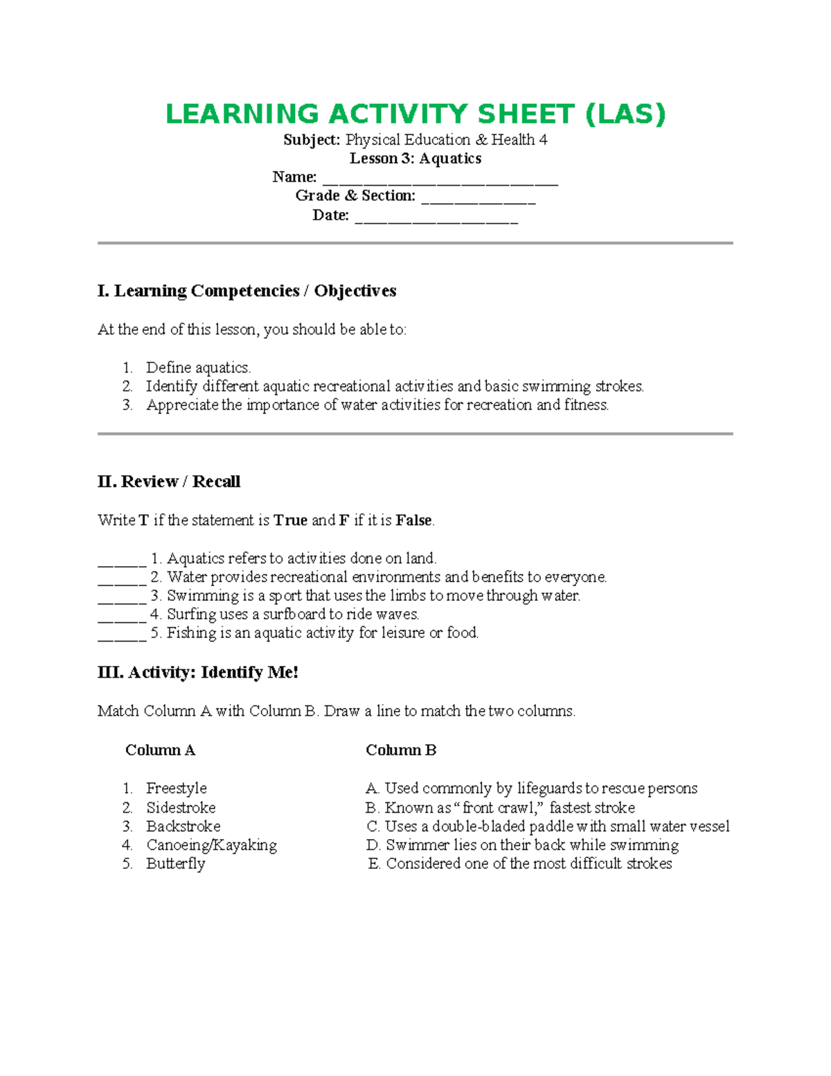 PE Health 4: Lesson 3 Aquatics Learning Activity Sheet - Studocu