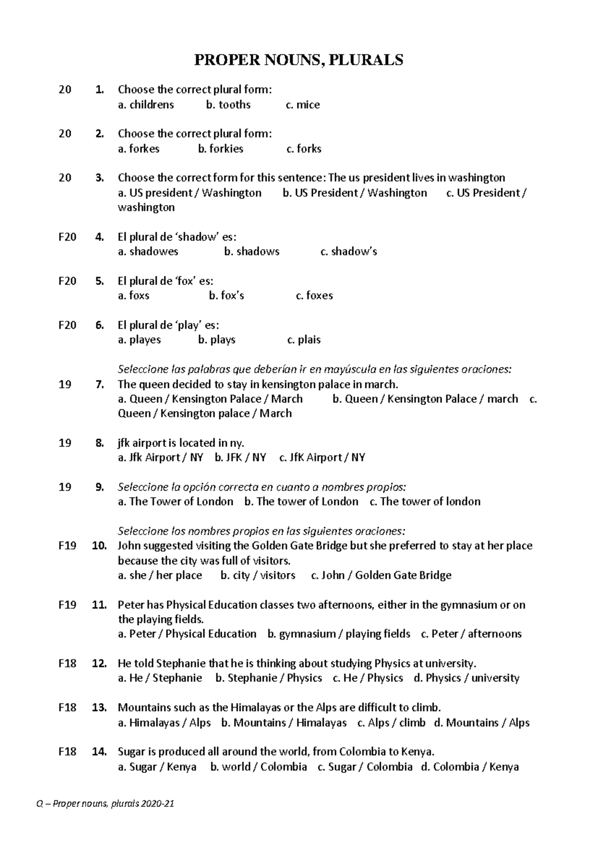 Proper Nouns and Plurals Quiz F20: Questions and Answers - Studocu