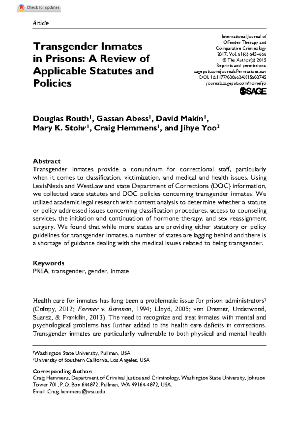 Transgender Inmates in Prisons: Analyzing State Policies and Legal ...