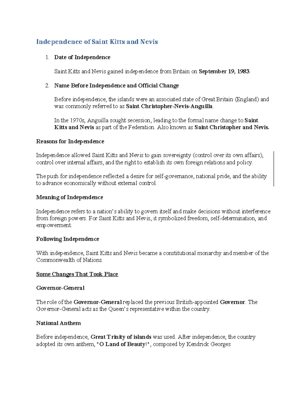 Independence of Saint Kitts and Nevis: Historical Overview and ...