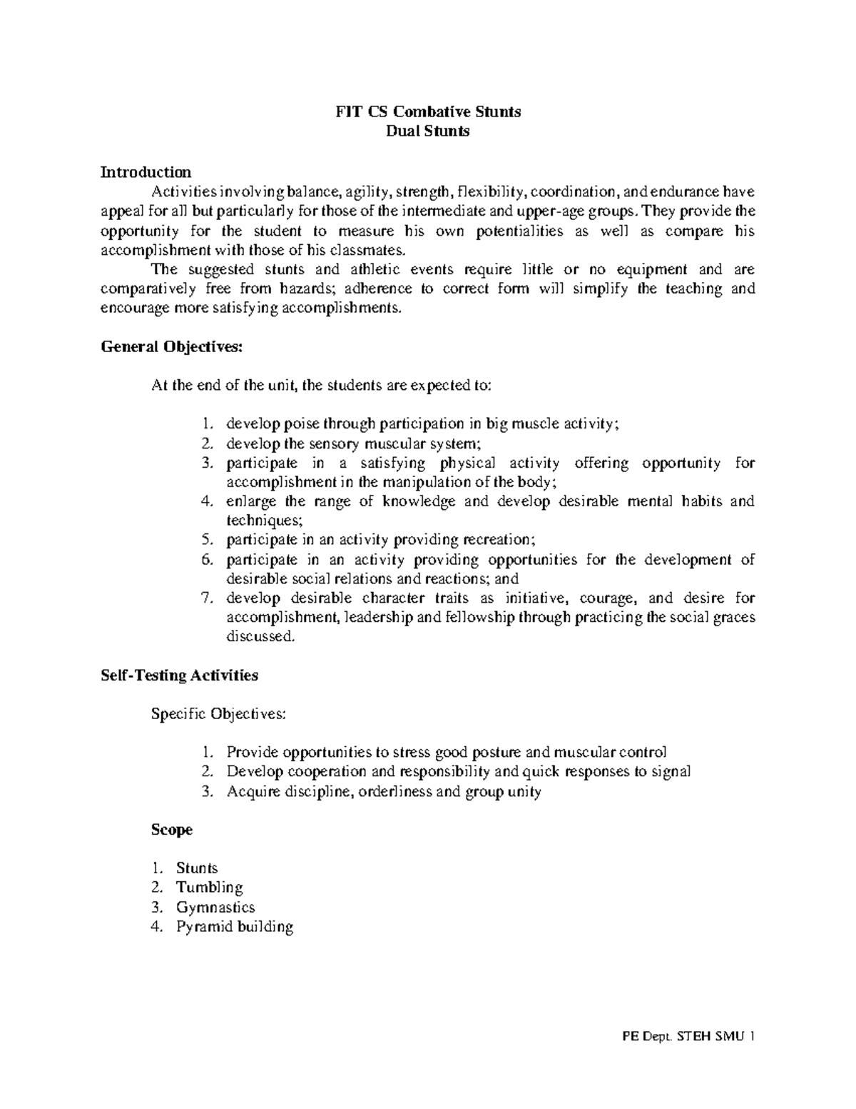 Module 1 Dual Stunts - FIT CS Combative Stunts Dual Stunts Introduction ...