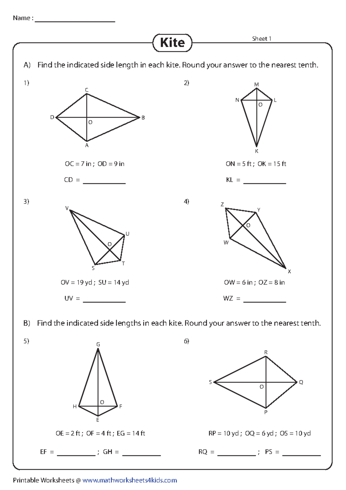 Solve for x Kite - Math - Printable Worksheets @ mathworksheets4kids ...