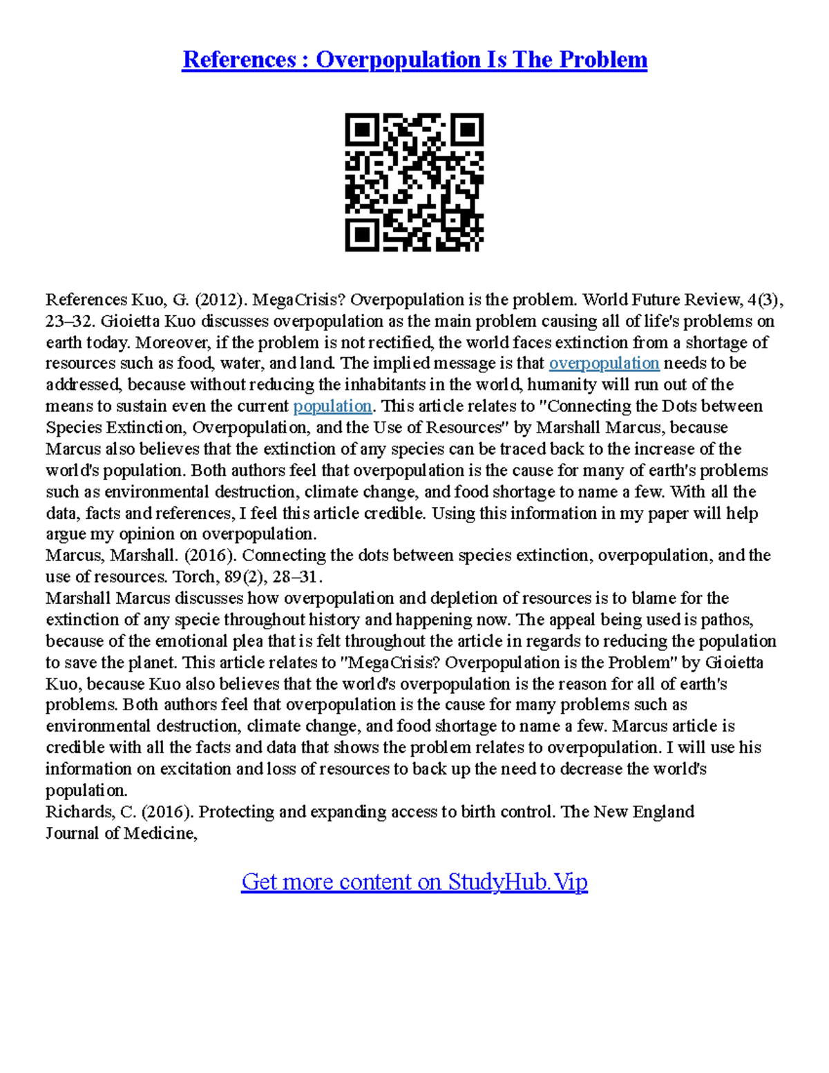 ENG 125: Essay References on Overpopulation and Gender Issues - Studocu