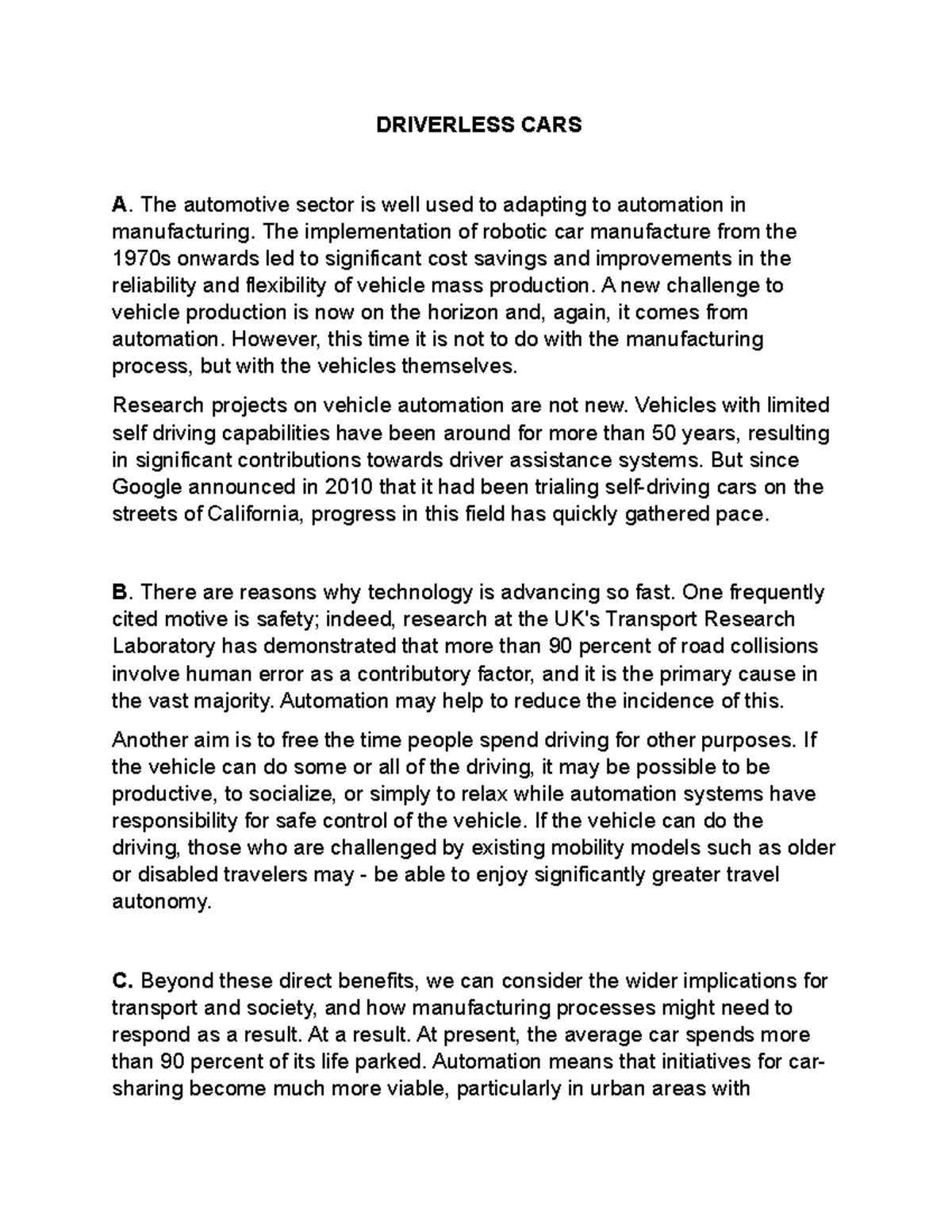 Reading Passage 2 - ôn tập - DRIVERLESS CARS A. The automotive sector ...