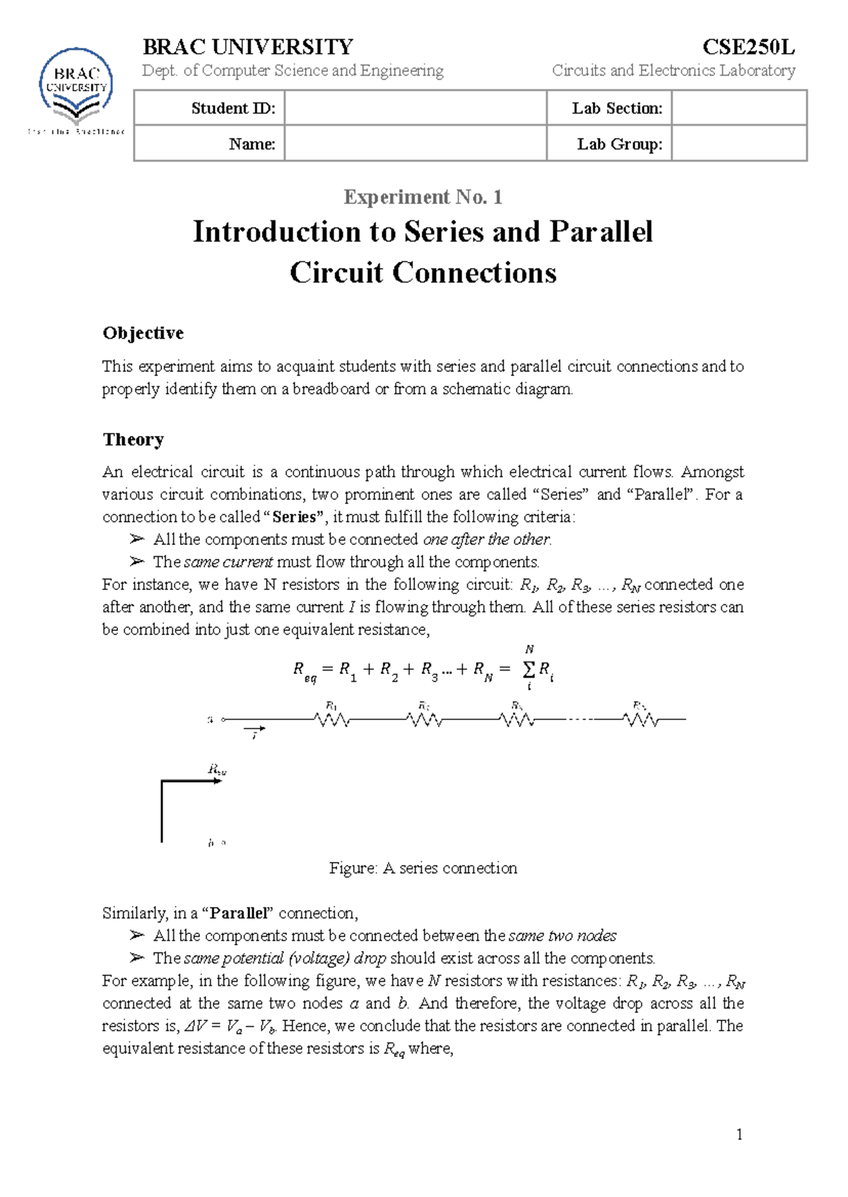 CSE250L Lab Experiment 1: Series and Parallel Circuit Connections - Studocu