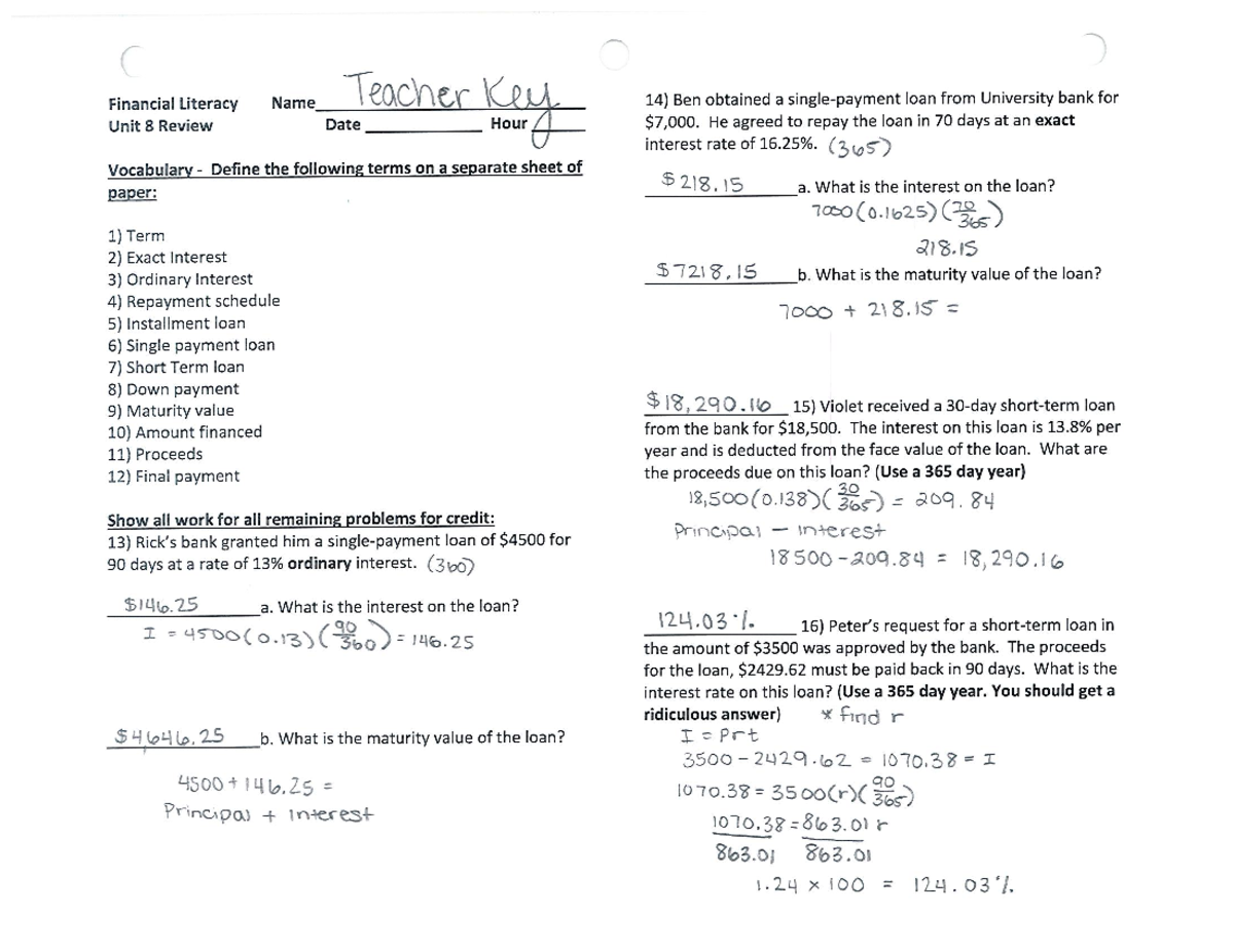 Financial Literacy Unit 8 Review Notes - Teacner LiteracyNameFinancial ...