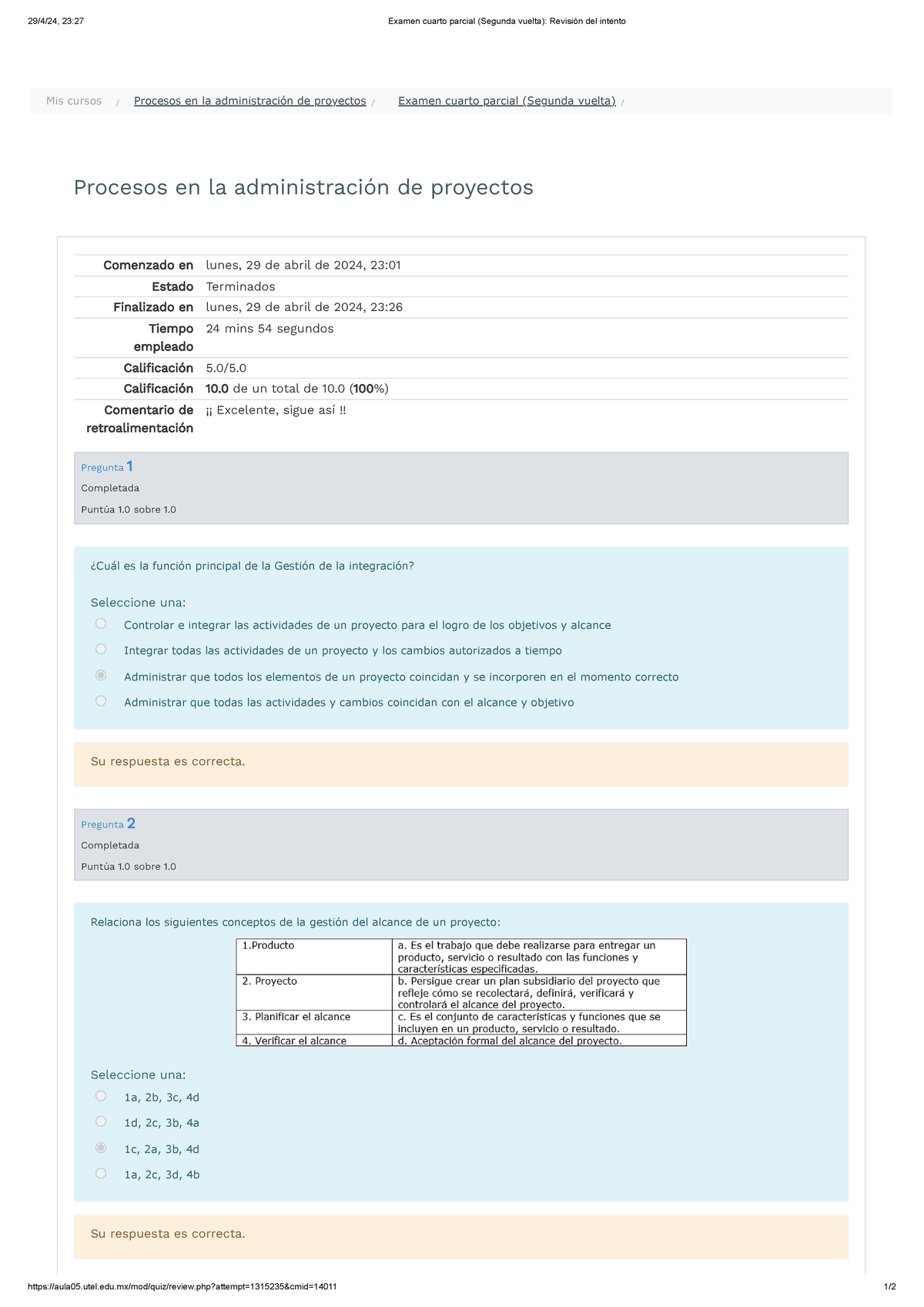 Examen Cuarto Parcial de Procesos en la Administración de Proyectos - Studocu