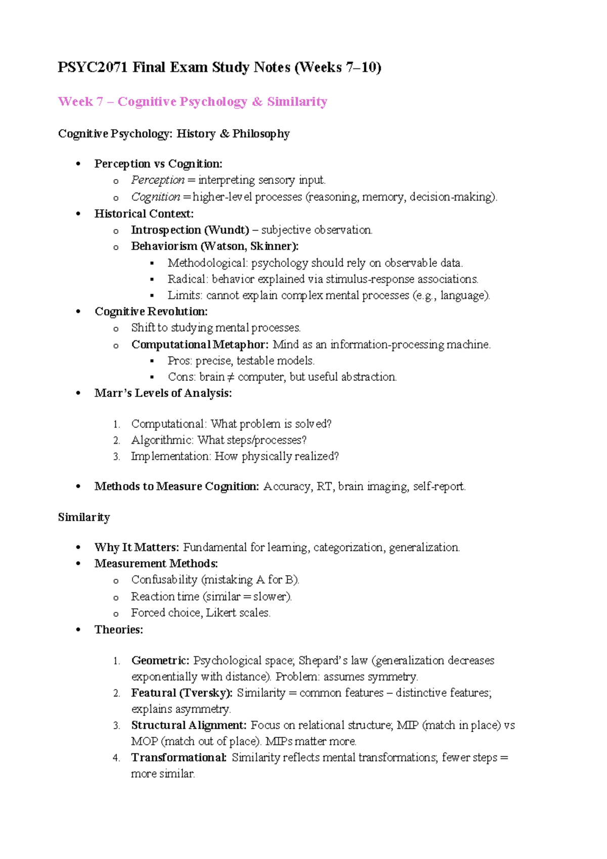 Psyc2071 Final Exam Study Notes Cognitive Psychology Insights Studocu