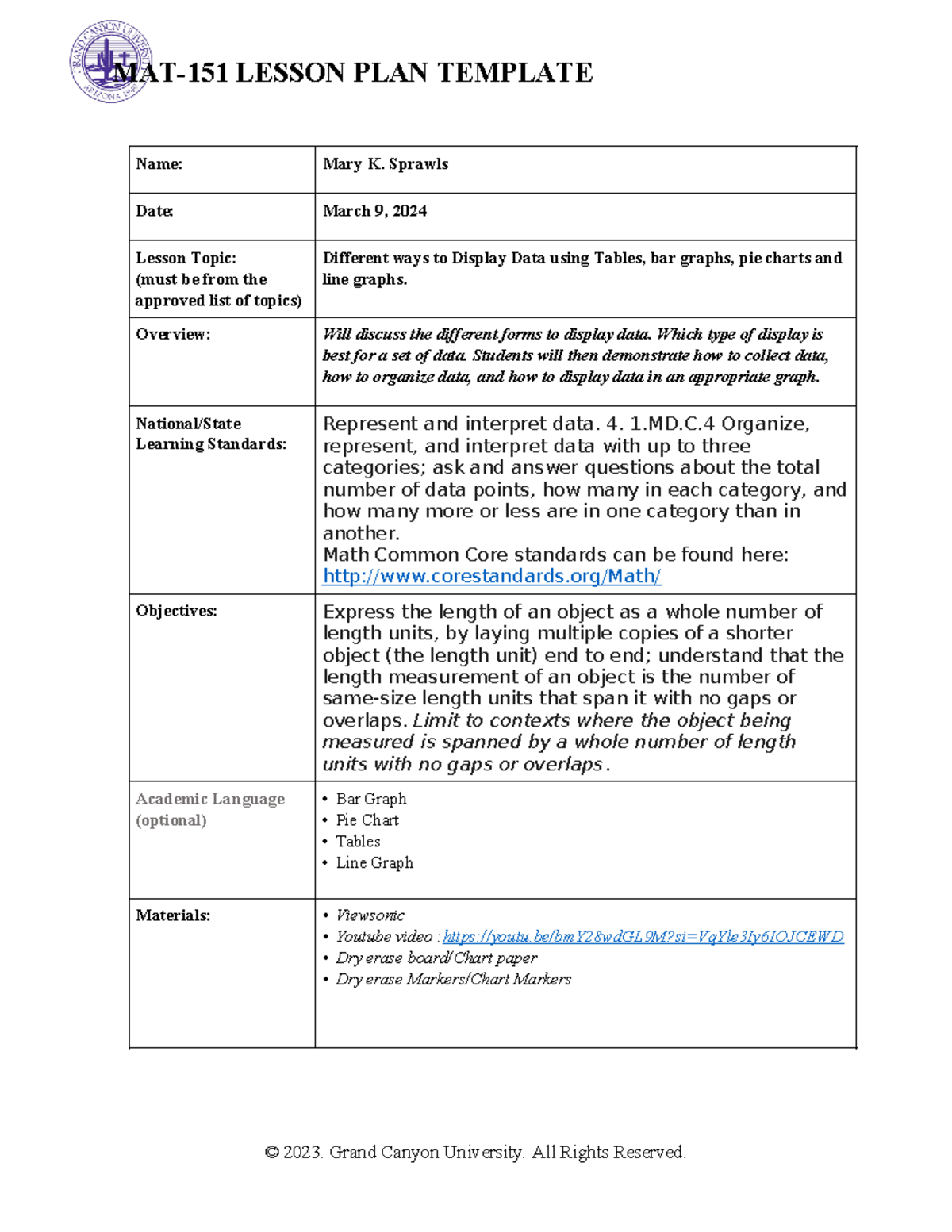 MAT-151 Final Lesson Plan: Displaying Data with Graphs and Tables - Studocu