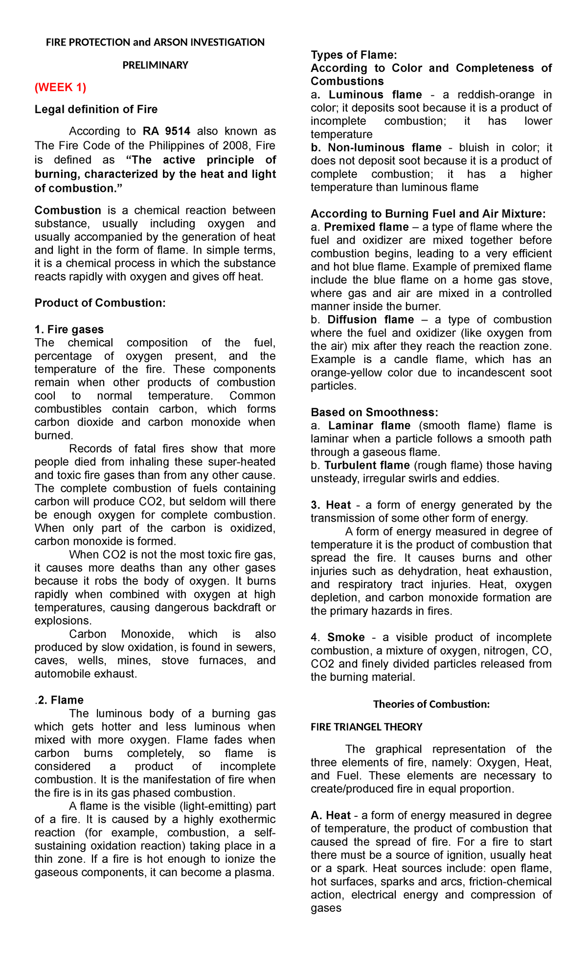 FIRE PROTECTION and ARSON INVESTIGATION PRELIMINARY (WEEK 1) to FINAL ...