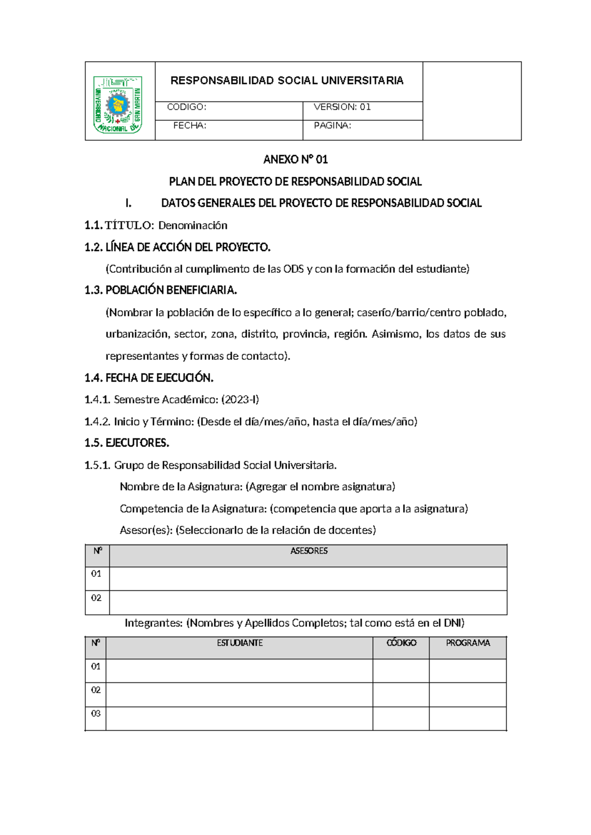 Proyecto de Responsabilidad Social Universitaria - RSU 01 - Studocu