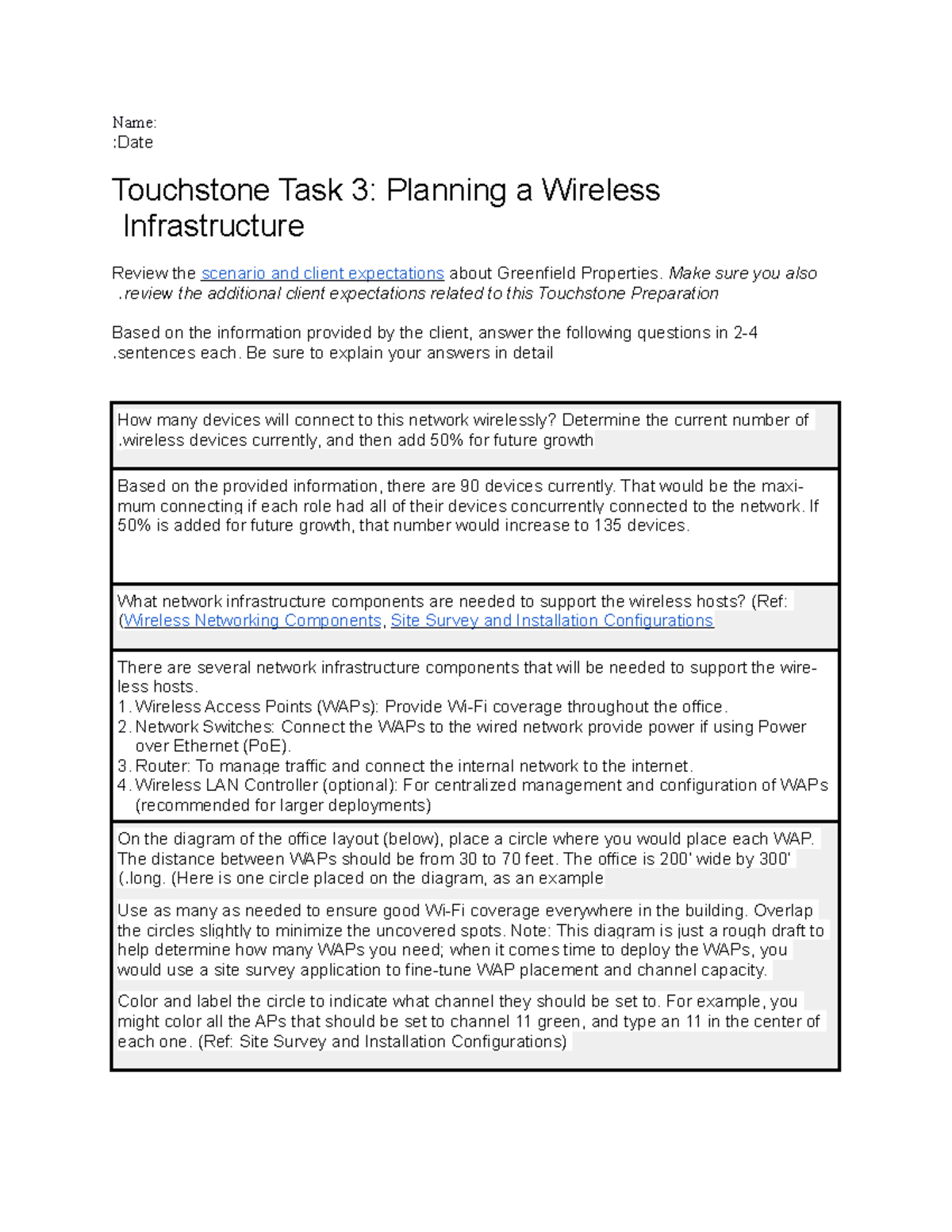 Touchstone Task 3 Planning a Wireless Infrastructure Questions - Name: : Date Touchstone Task 3 ...