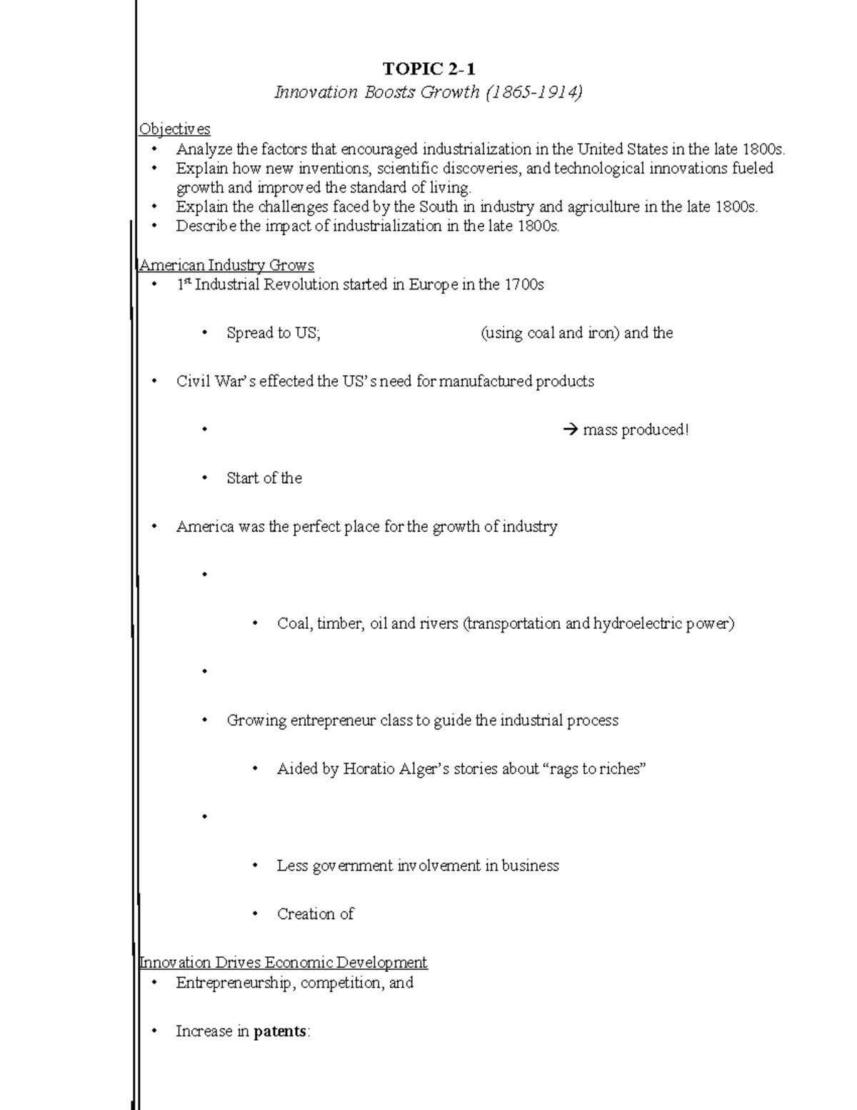 Note Sheet: US History (1865-1914) - Innovation Boosts Growth - Studocu