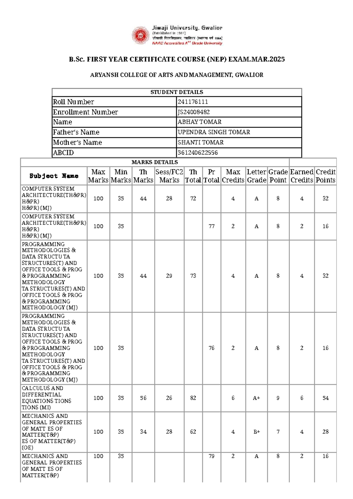 B.Sc. 1st Year NEP Exam Results - Aryansh College, Mar 2025 - Studocu