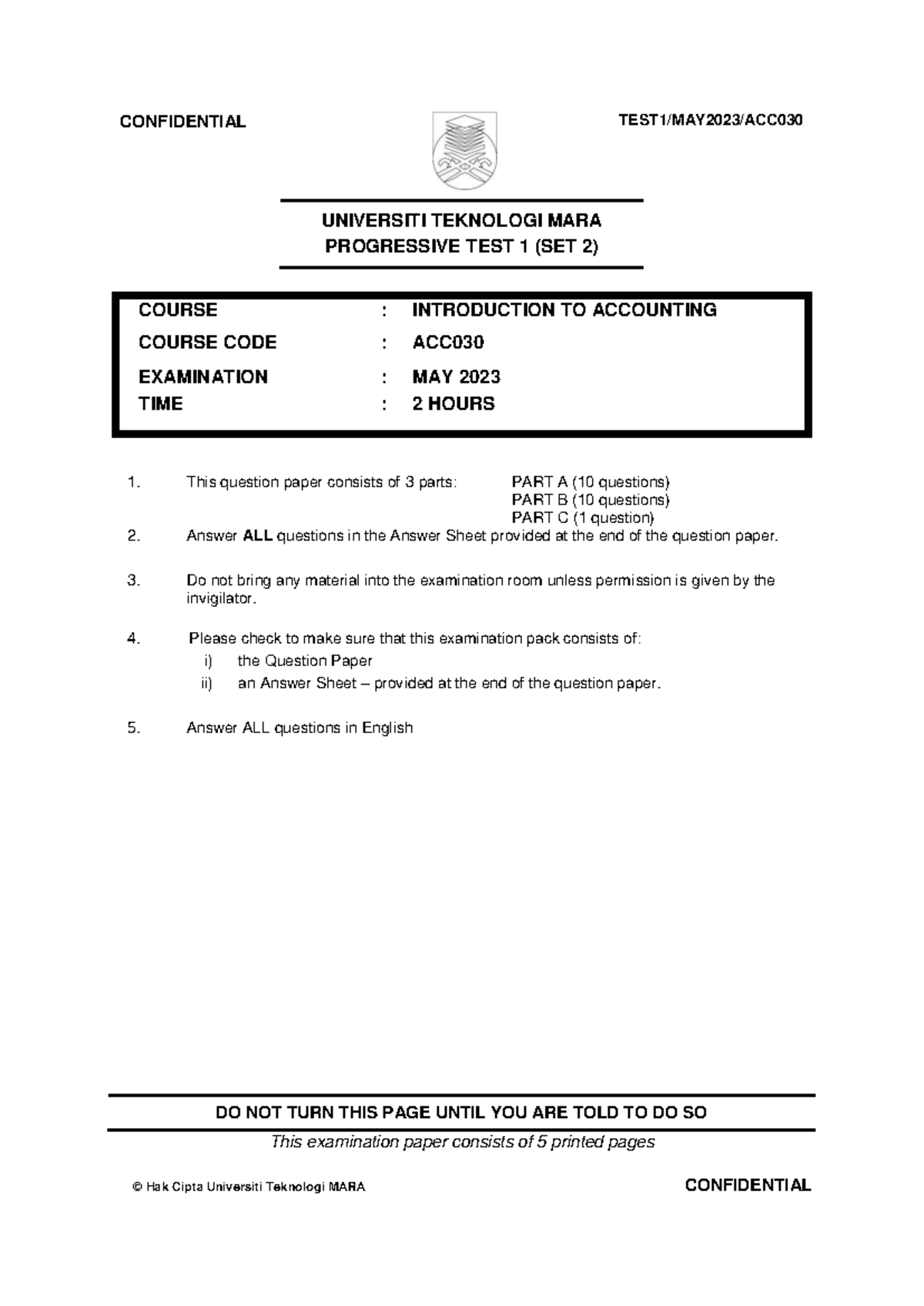 ACC030 Progressive Test 1 (Set 2) - Introduction to Accounting - Studocu