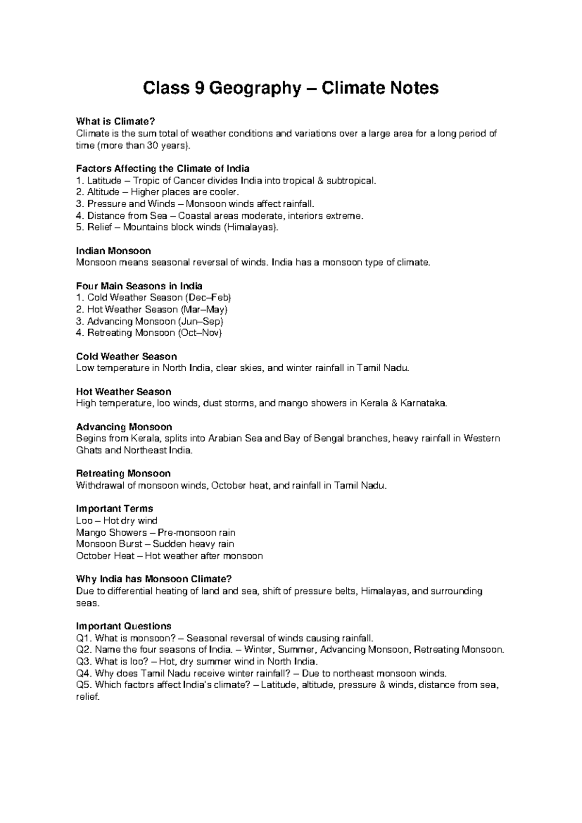 Class 9 Geography: Climate and Monsoon Notes - Studocu