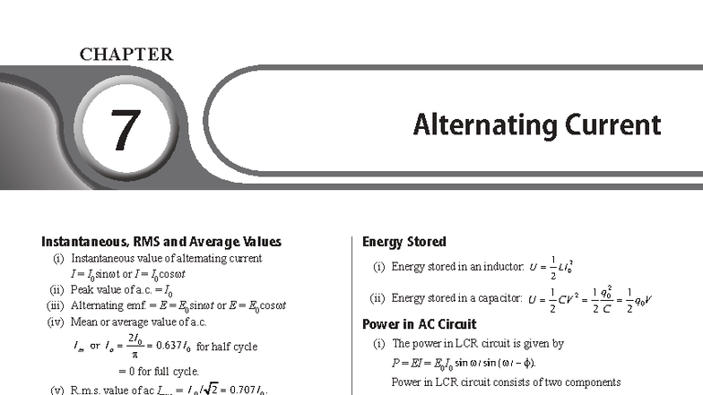 CHAPTER 7: Alternating Current - Instantaneous, RMS & Average Values ...