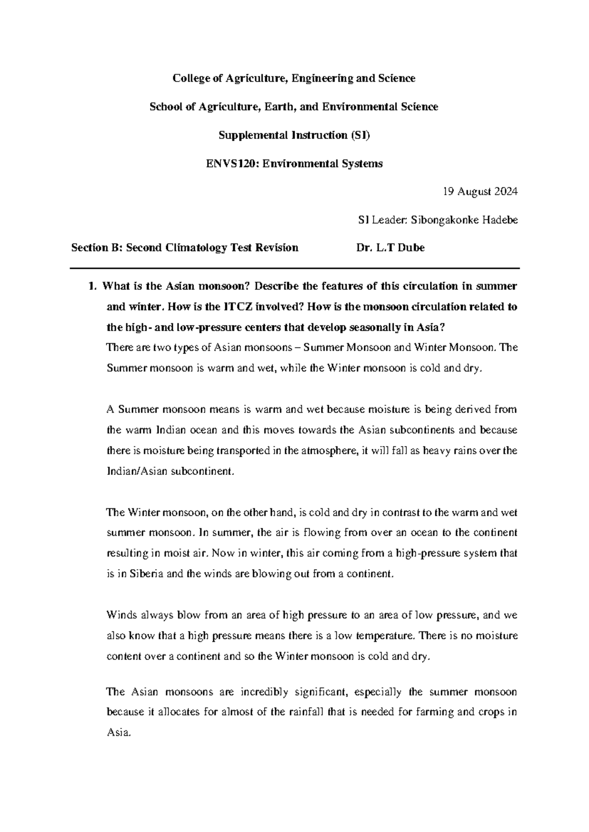 ENVS120: Climatology Test Revision and Ocean Circulation Insights - Studocu