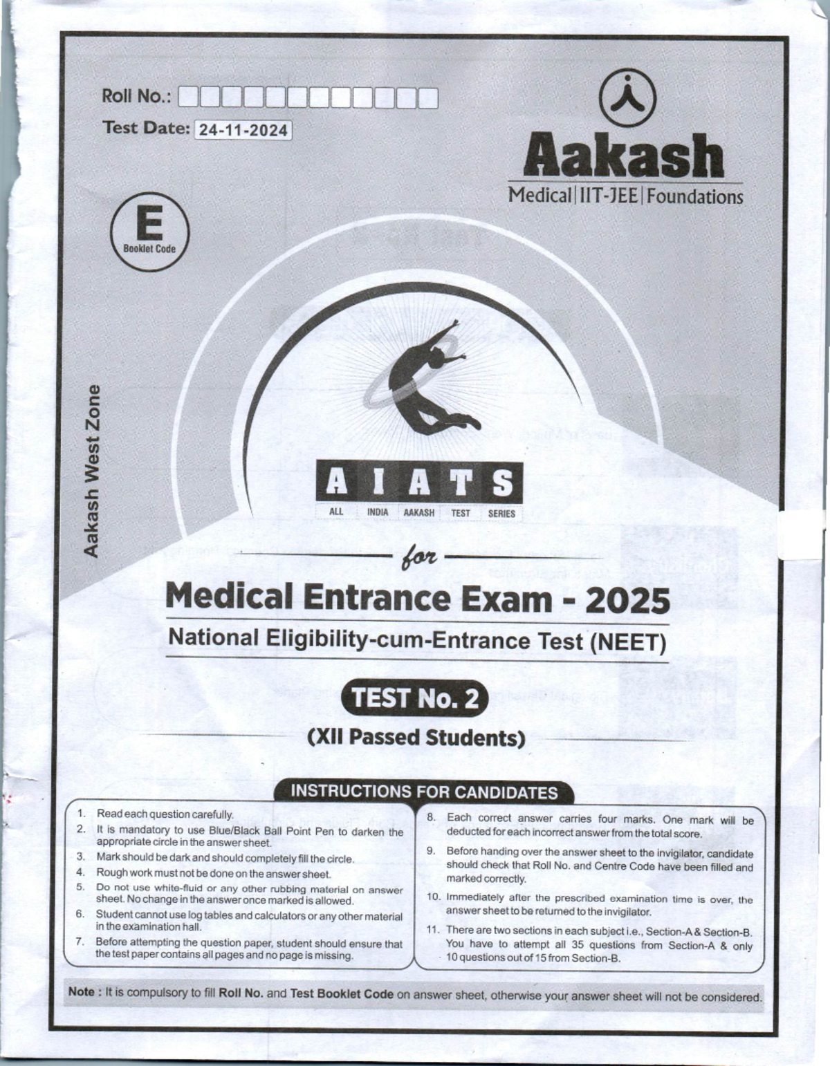 All India Aakash Test Series for Medical Entrance Exam 2025 - Test No ...
