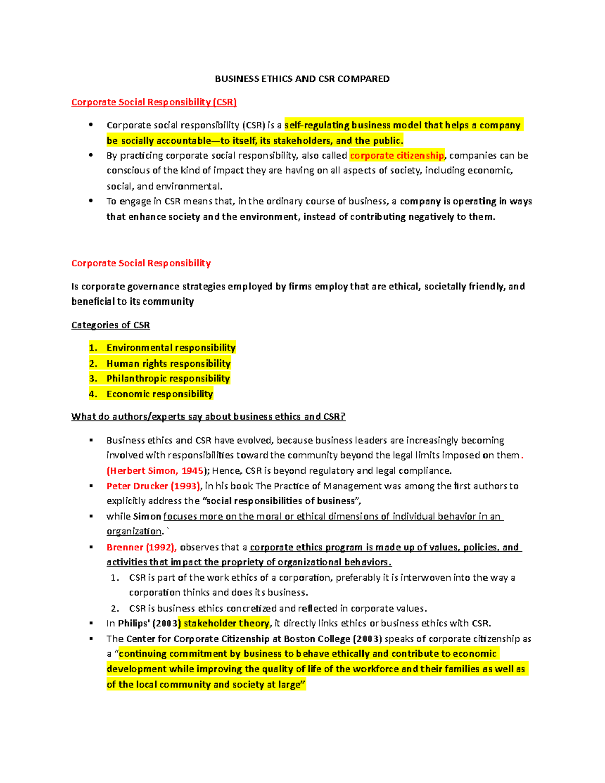 Business Ethics AND CSR Compared - BUSINESS ETHICS AND CSR COMPARED ...