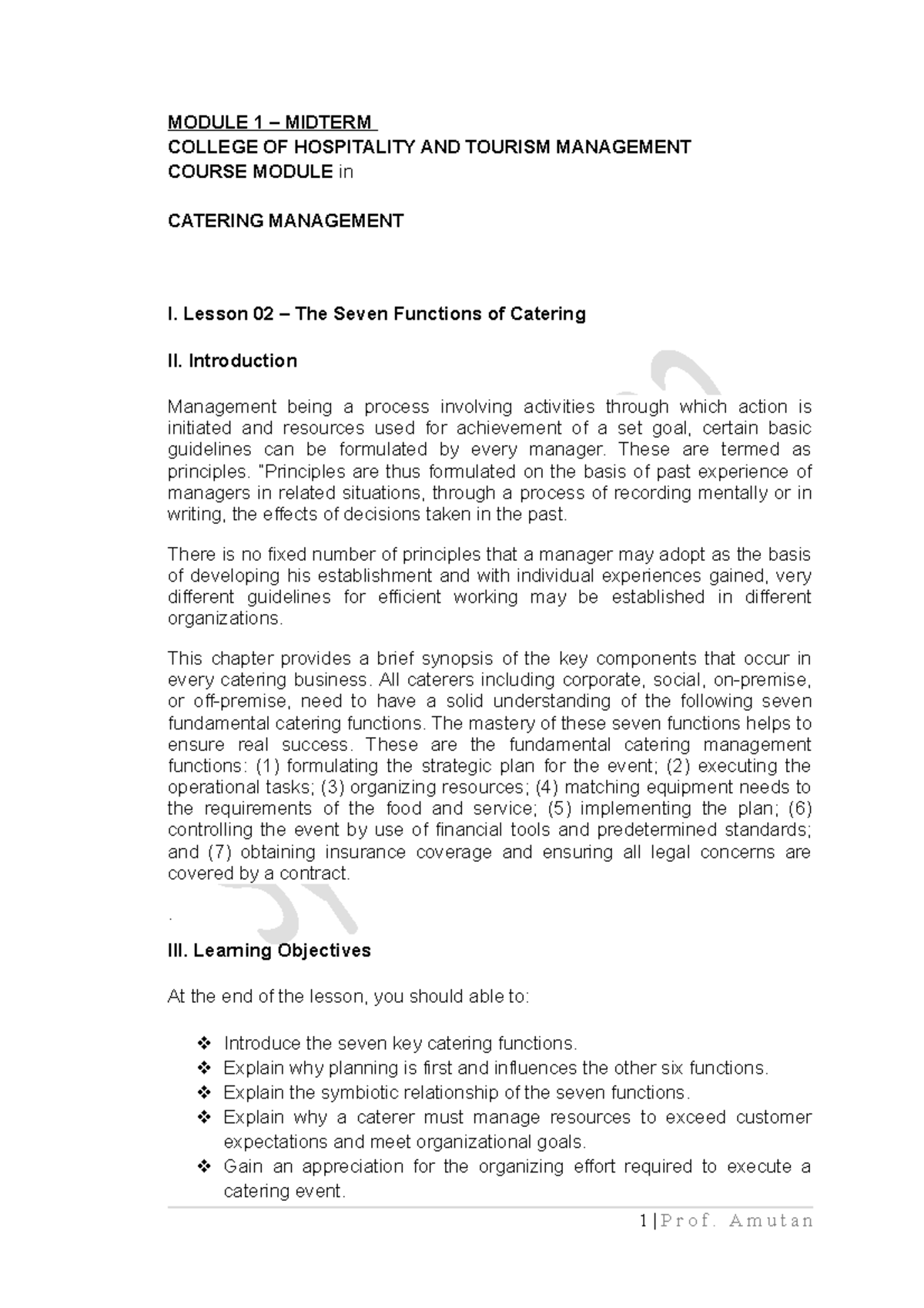 Catering Management 101: Principles & Functions - Lesson 2 - Studocu