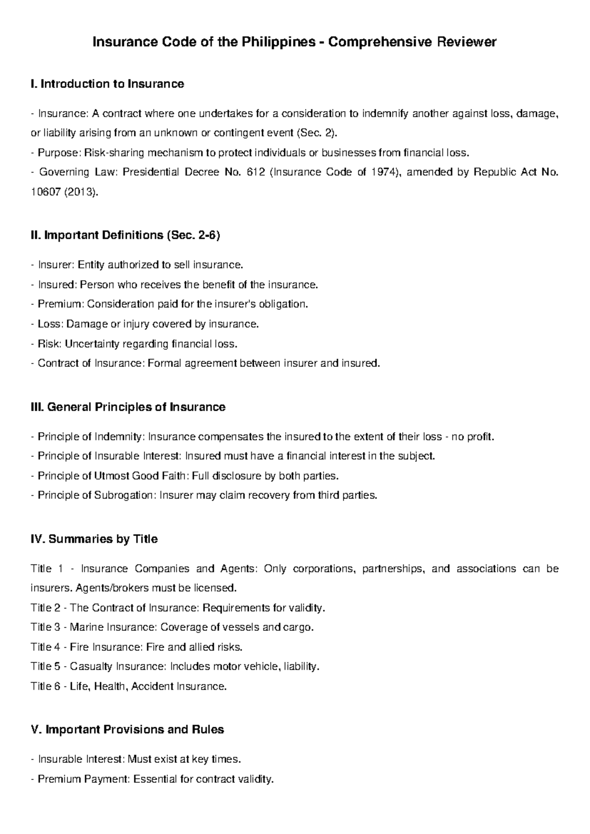 Insurance Code of the Philippines: Comprehensive Reviewer Guide - Studocu