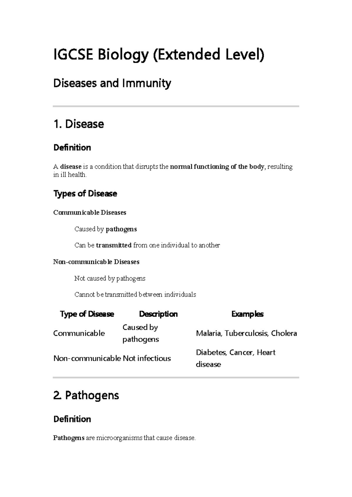 IGCSE Biology (Extended Level) Notes on Diseases and Immunity - Studocu