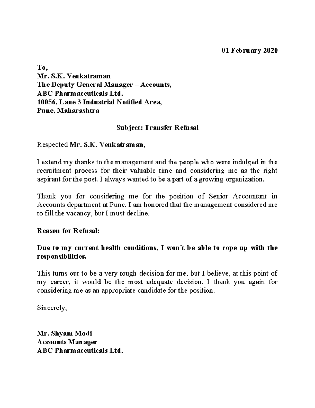 Transfer Refusal Letter Health Reasons - 01 February 2020 To, Mr. S ...