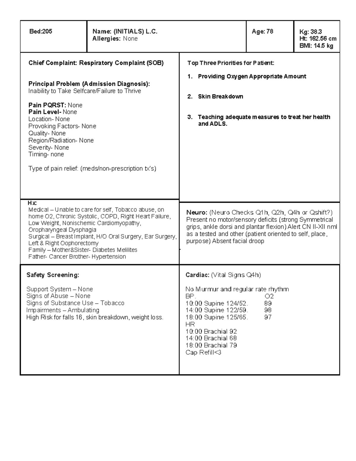 Clinical Assessment Sheet - NUR 102: Patient Respiratory & Care ...