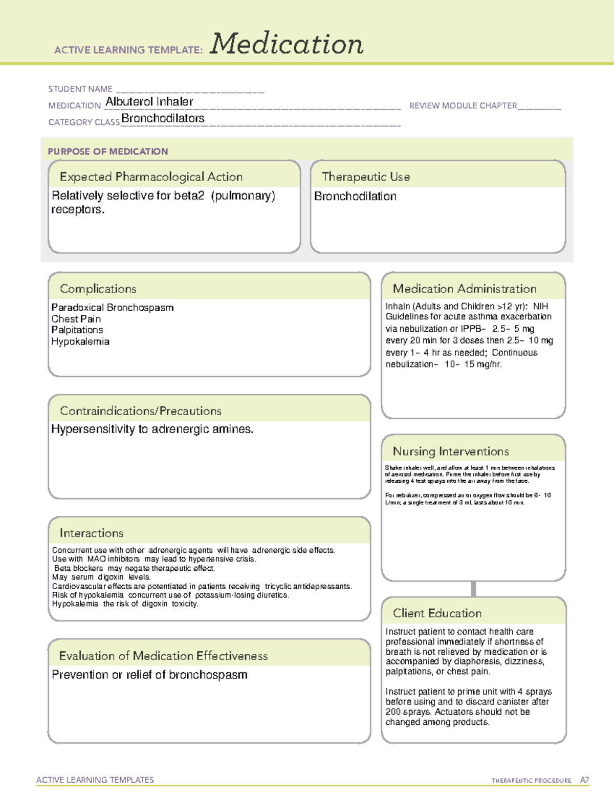 Albuterol Inhaler ATI Active Learning Template Guide - Studocu