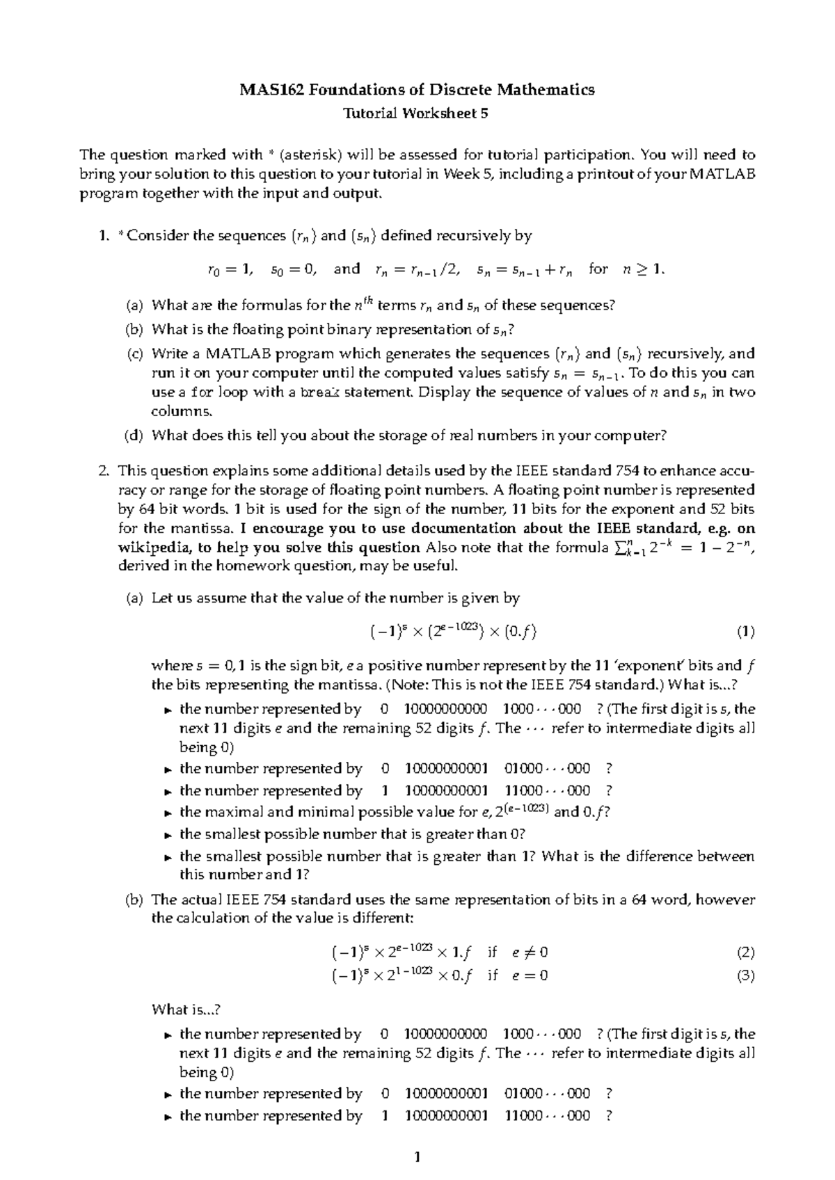 Lab5 MAS162 Sem2 2016 - Tutorial Worksheet on Recursive Sequences - Studocu