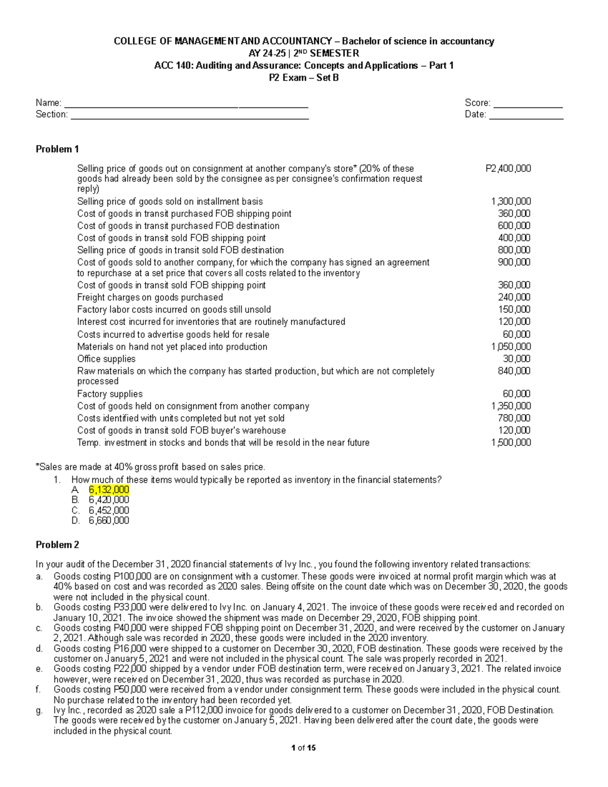ACC 140: Auditing & Assurance Concepts - P2 Exam Set B Guide - Studocu