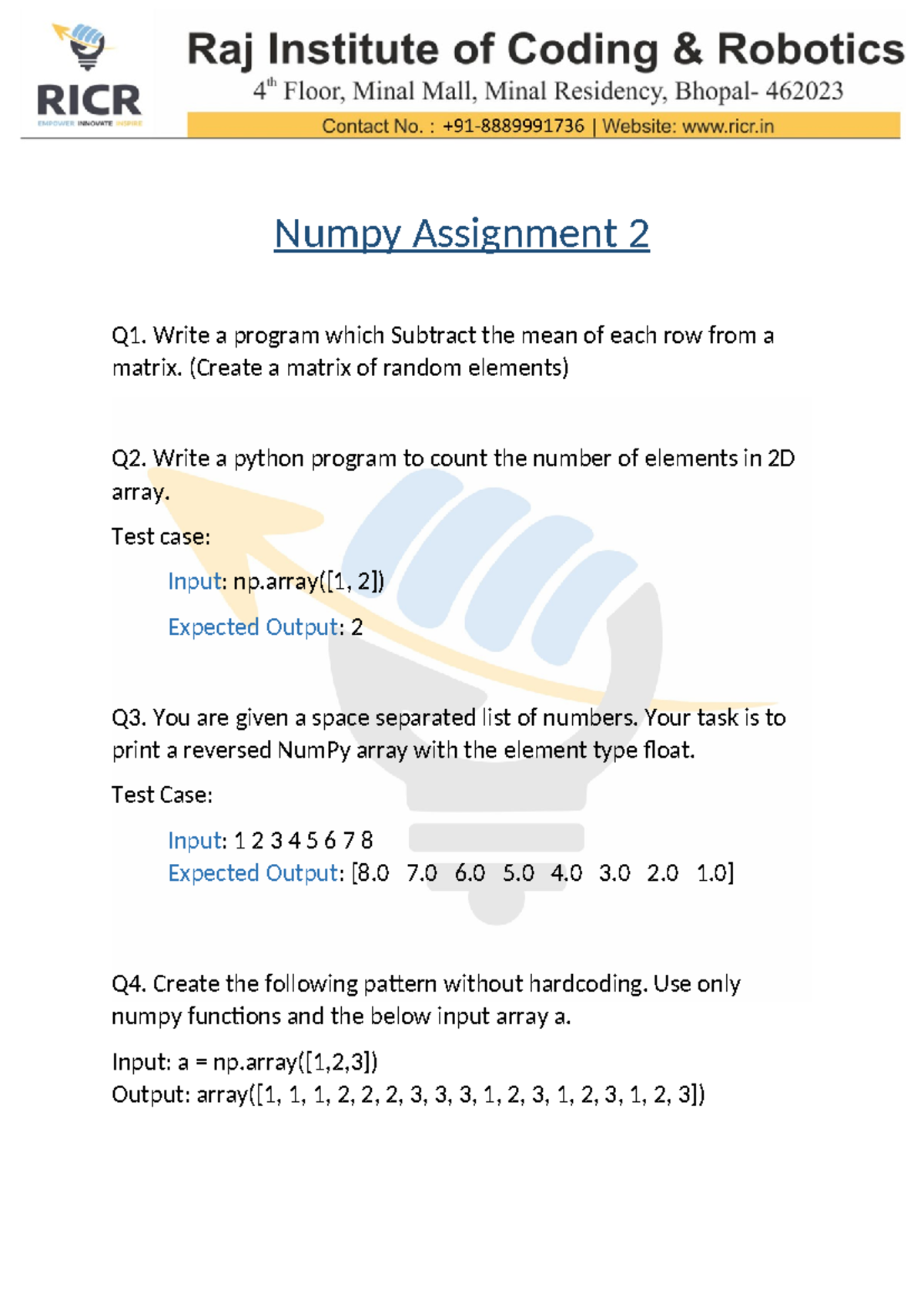 RICR - Numpy Assignment 2: Matrix Operations & Functions - Studocu