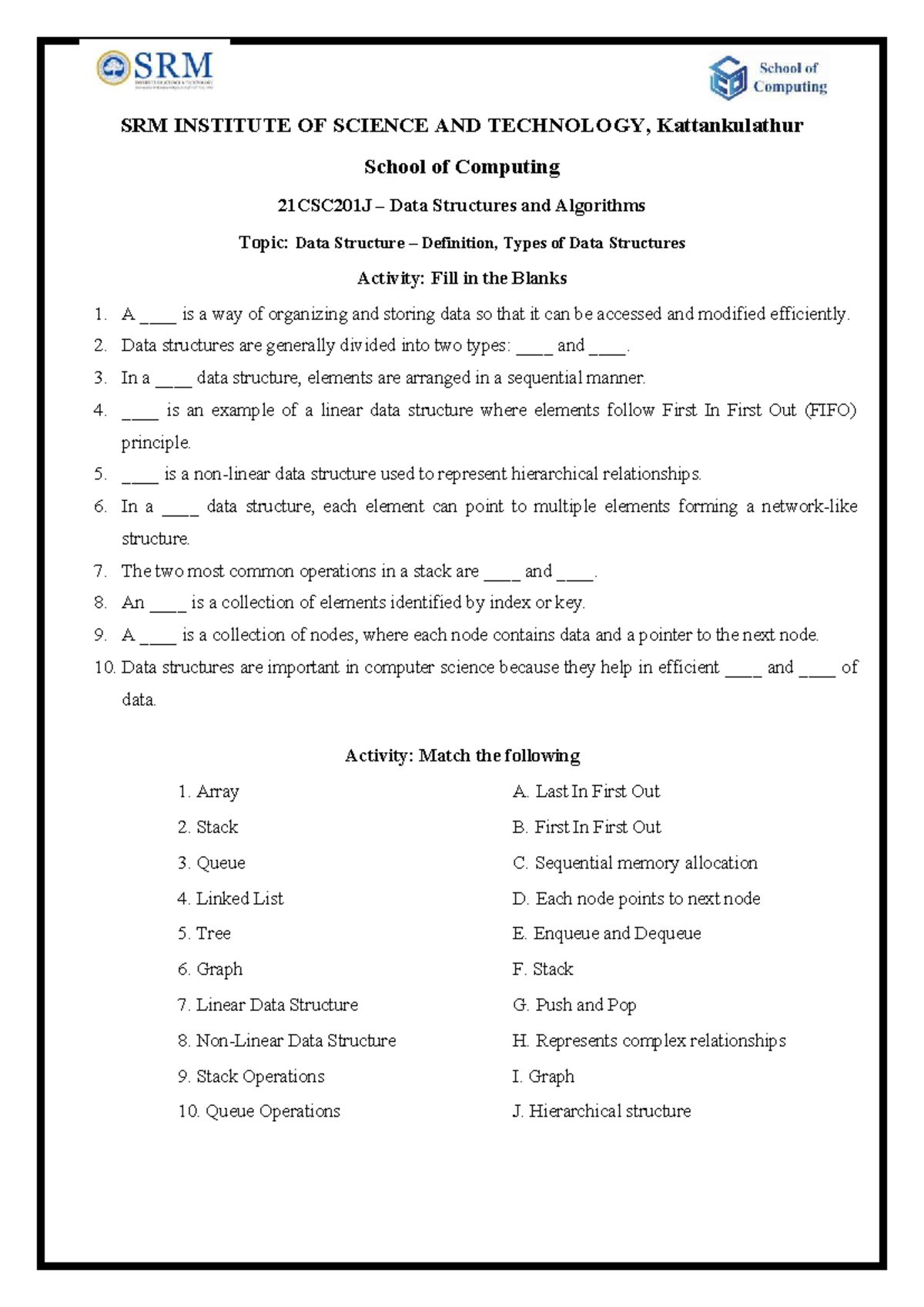 21CSC201J Data Structures & Algorithms: Fill in the Blanks Activity - Studocu