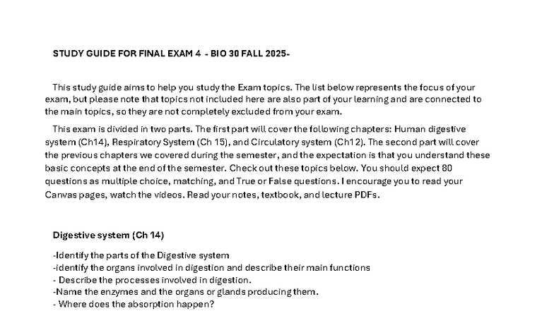 Study Guide for Final Exam - BIO 30 Fall 2025 - Studocu
