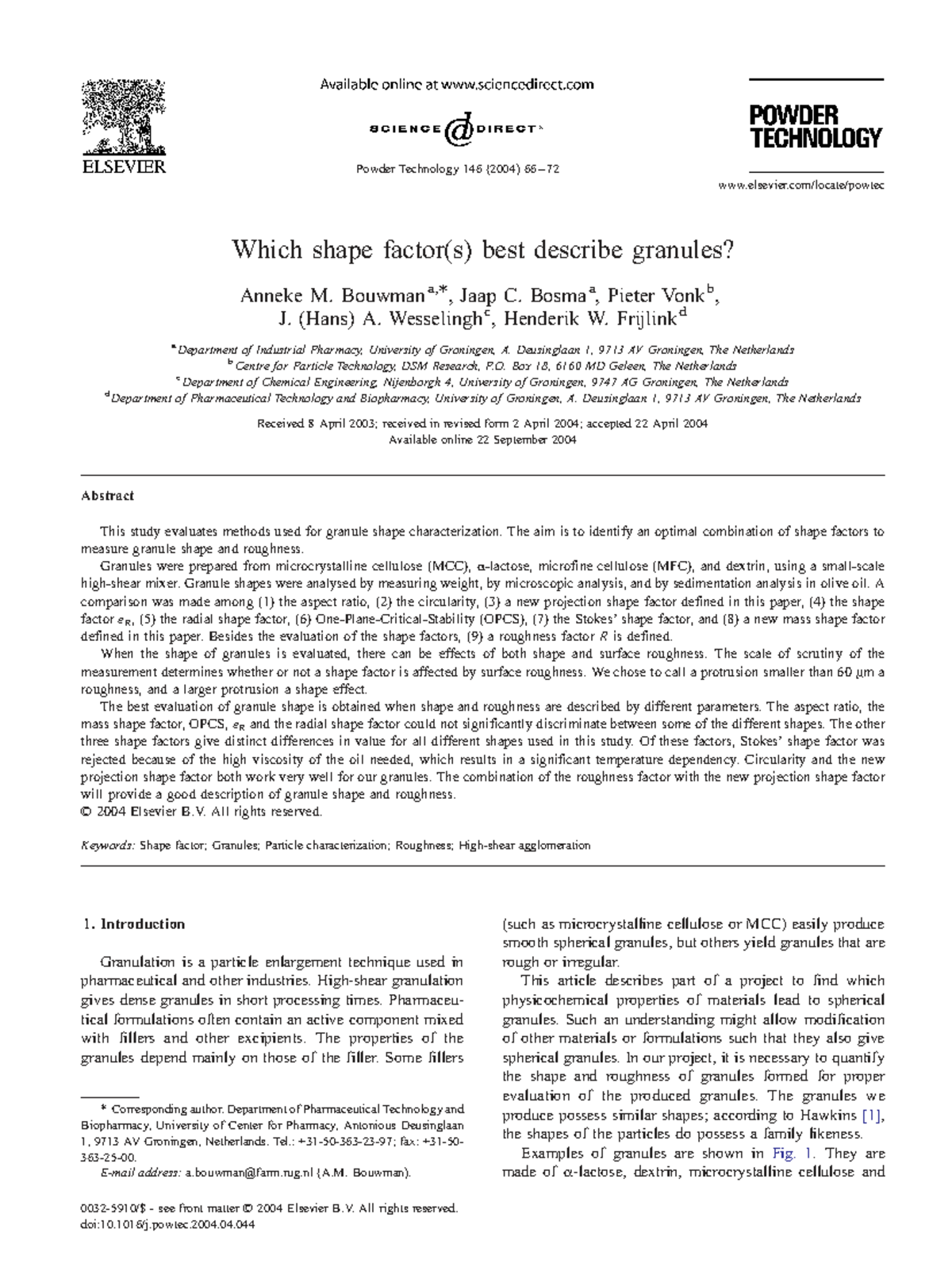 Comparative Analysis of Granule Shape Factors in Powder Tech 146 - Studocu