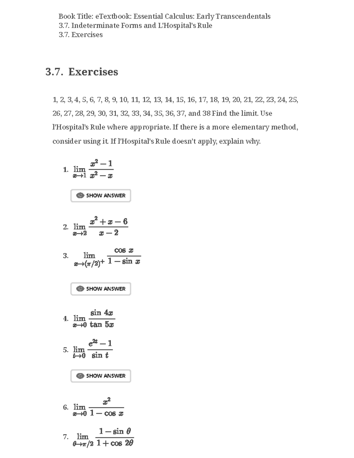 Calculus 3.7: Exercises on Indeterminate Forms & L'Hospital's Rule ...