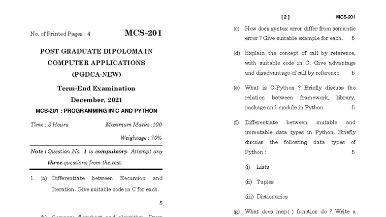 POST GRADUATE DIPLOMA IN COMPUTER APPLICATIONS (PGDCA) Exam Dec 2023 ...