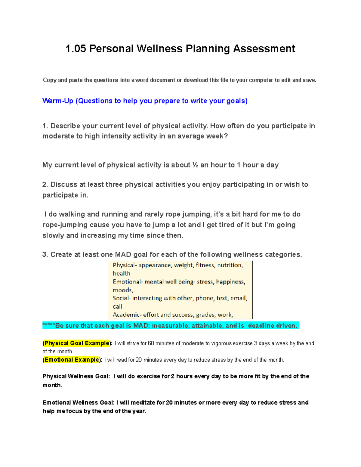 1.05 Personal Wellness Plan: Strategies for Achieving Your Goals - Studocu