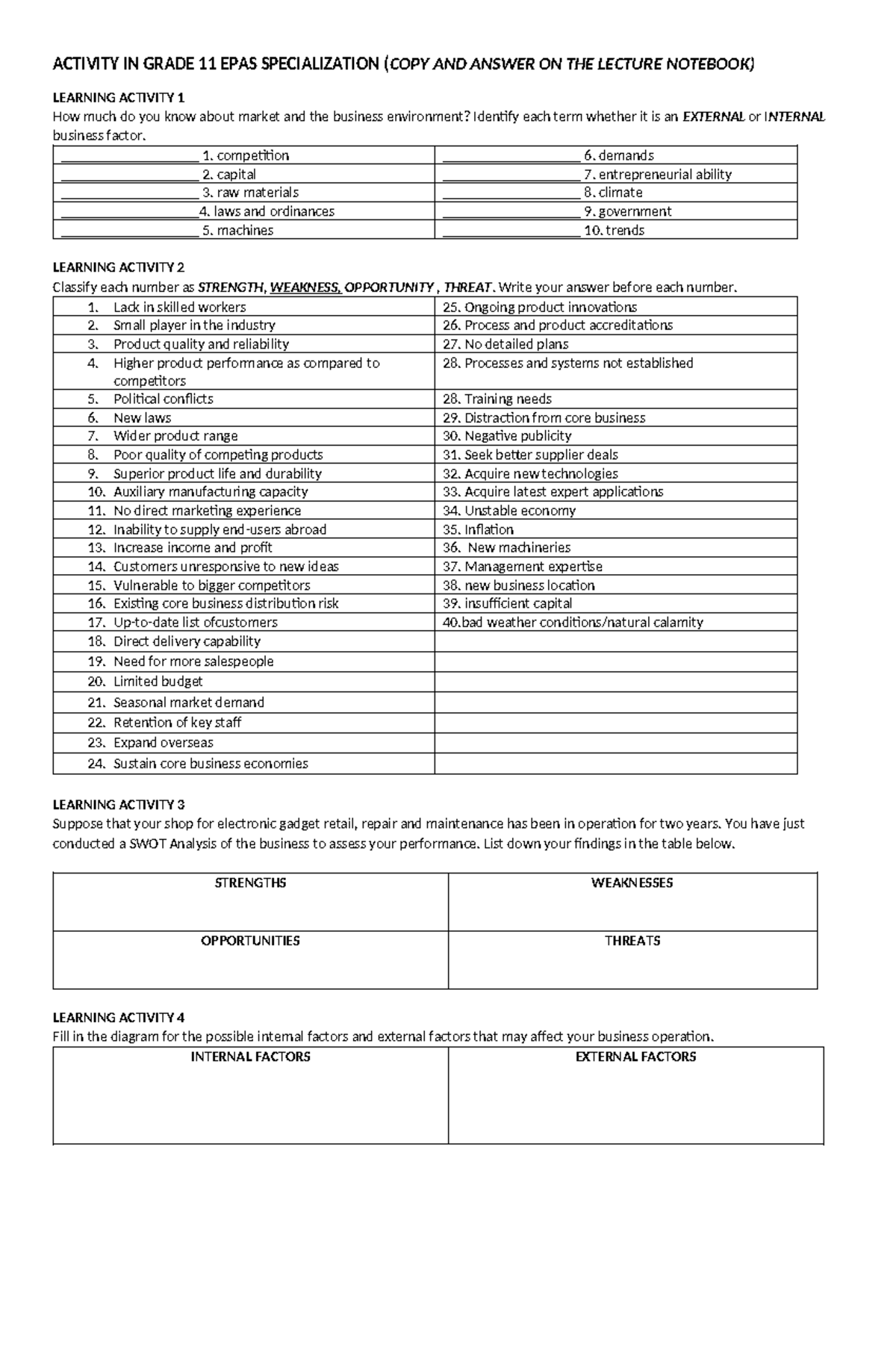 Activity IN Grade 11 EPAS Specialization-SWOT - ACTIVITY IN GRADE 11 EPAS SPECIALIZATION (COPY ...