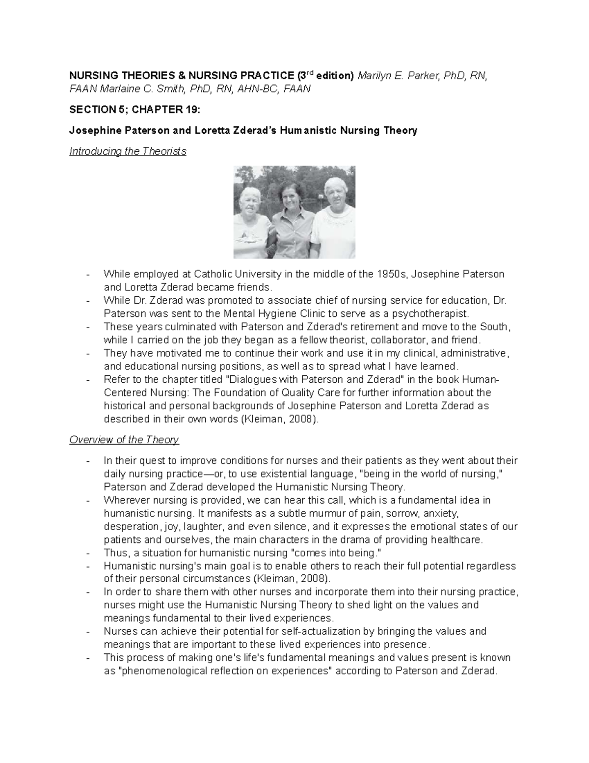 NURS 3100: Josephine Paterson & Loretta Zderad's Humanistic Nursing ...