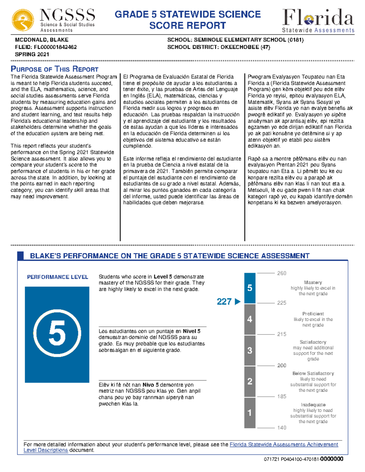 Grade 5 Statewide Science - BLAKE'S PERFORMANCE ON THE GRADE 5 ...