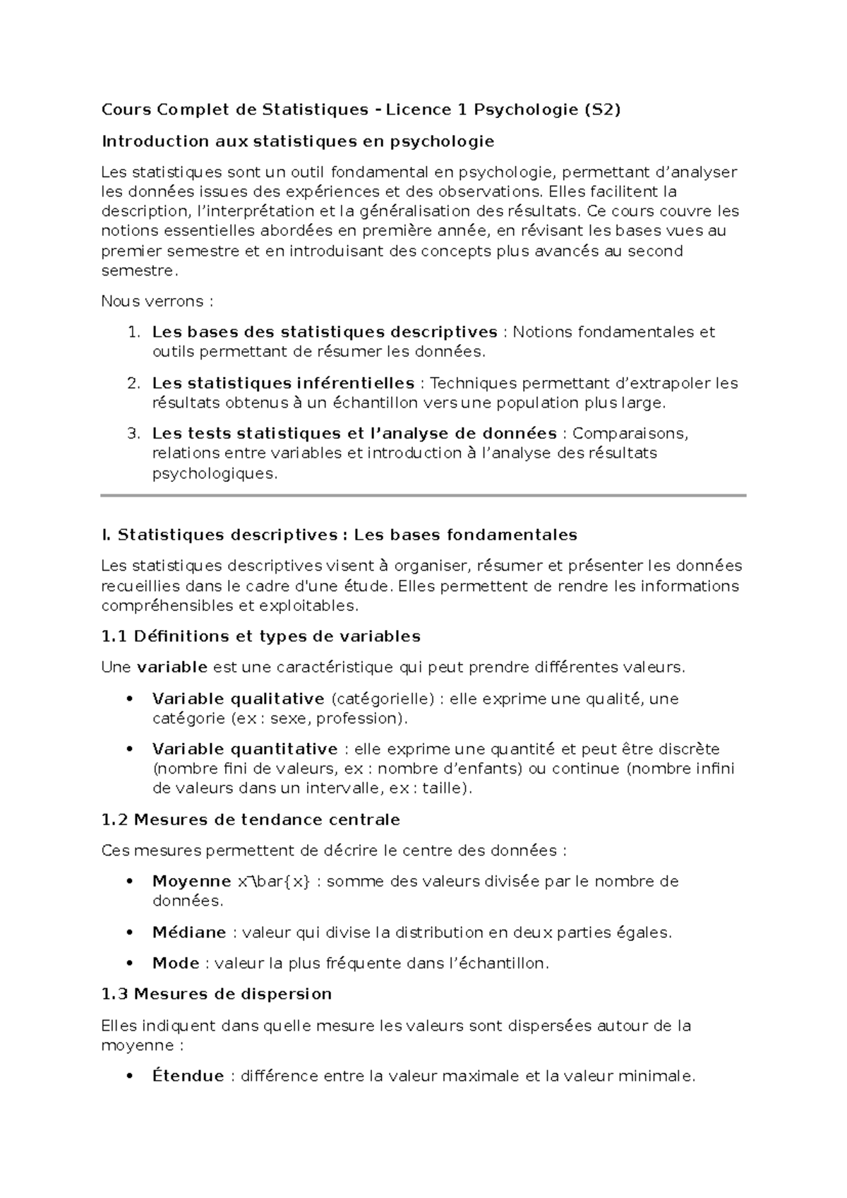 Cours Complet De Statistiques En Psychologie Licence 1 S2 Et