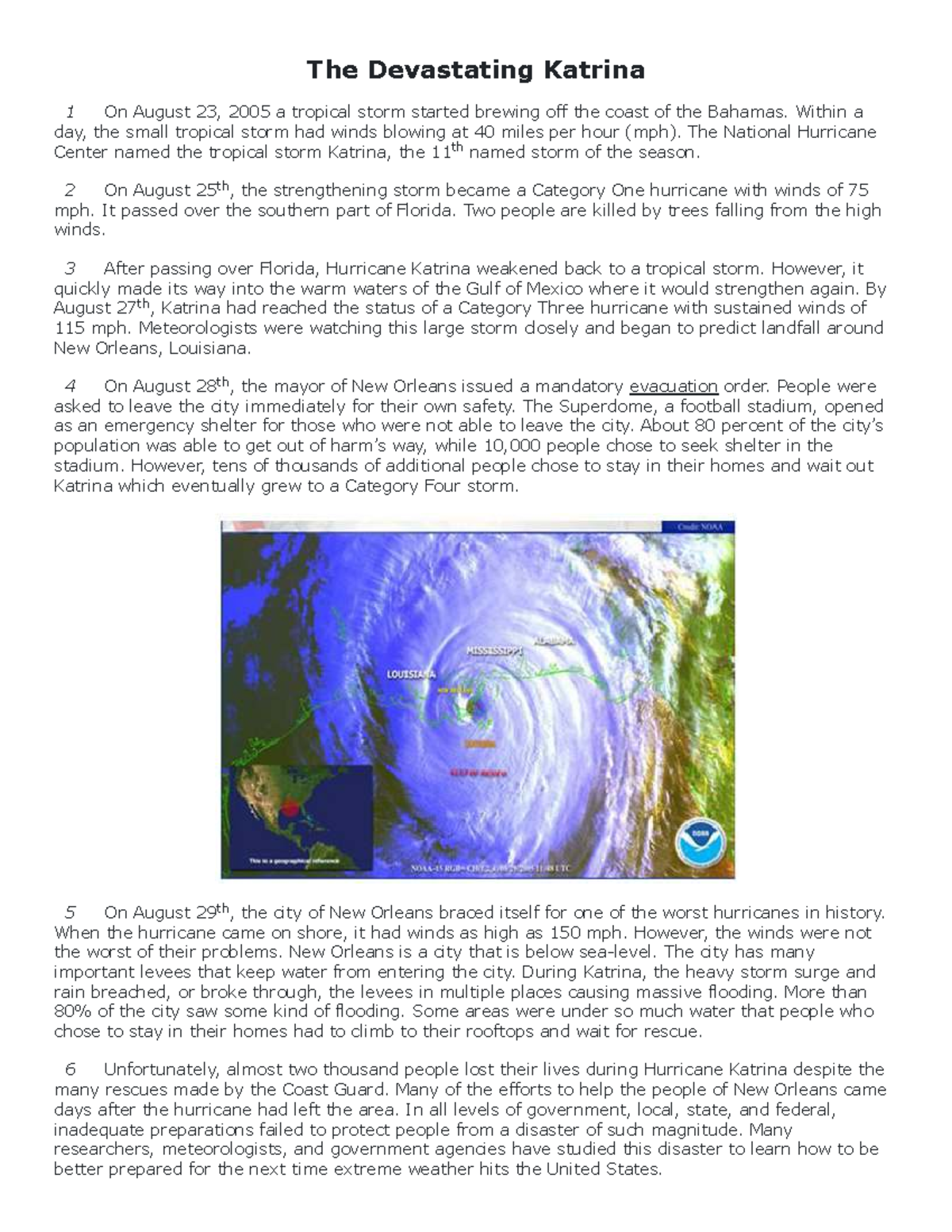 Hurricane Katrina Paired Passage - The Devastating Katrina 1 On August ...